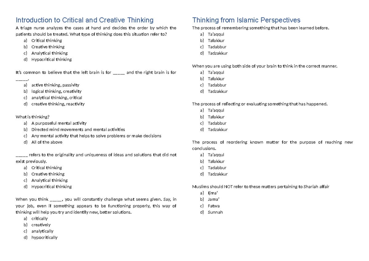 Critical & Creative Thinking: Final Exam Revision Guide - Studocu