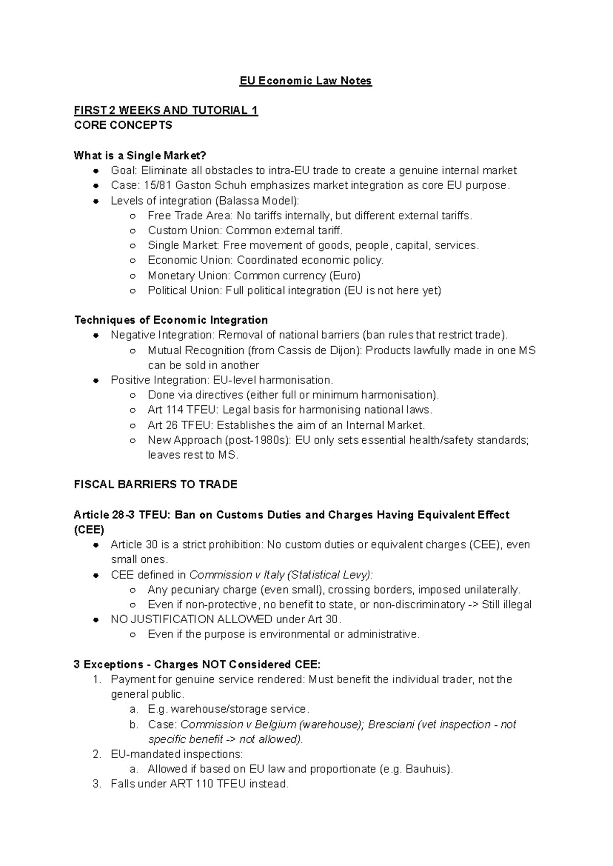 EU Economic Law Notes: Key Concepts & Case Law for Exam Preparation ...