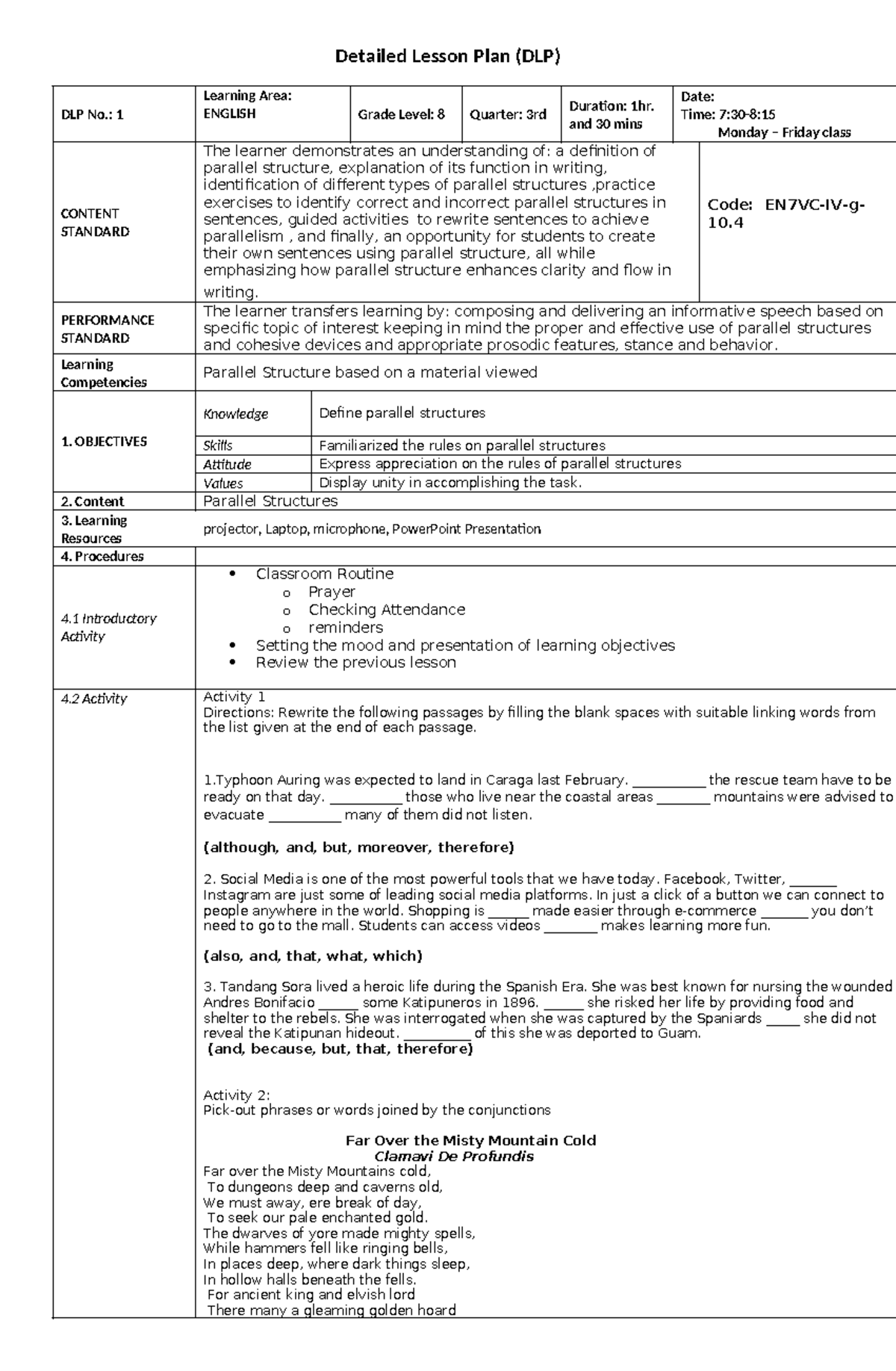 DLP Grade 8 - Lesson Plan on Academic Writing: Parallel Structure - Studocu
