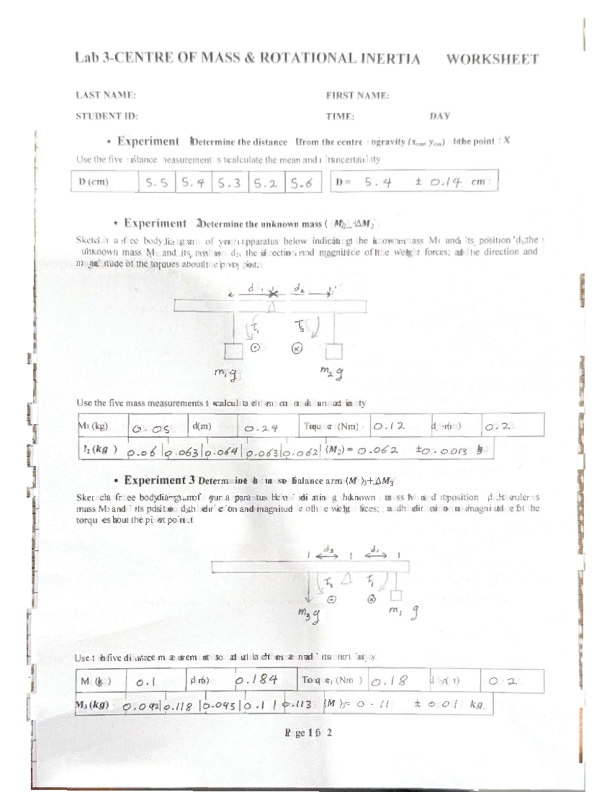 Lab 3 Worksheet: Centre of Mass & Rotational Inertia - Studocu