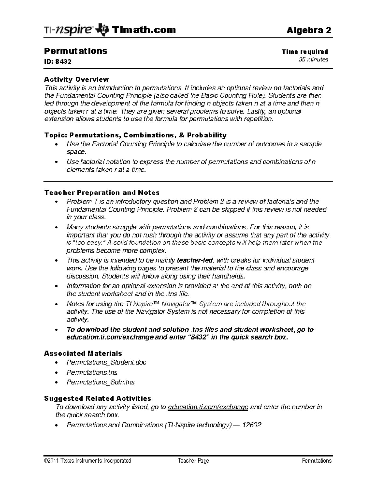 Algebra 2 Permutations Activity Overview & Problem Solving Guide - Studocu