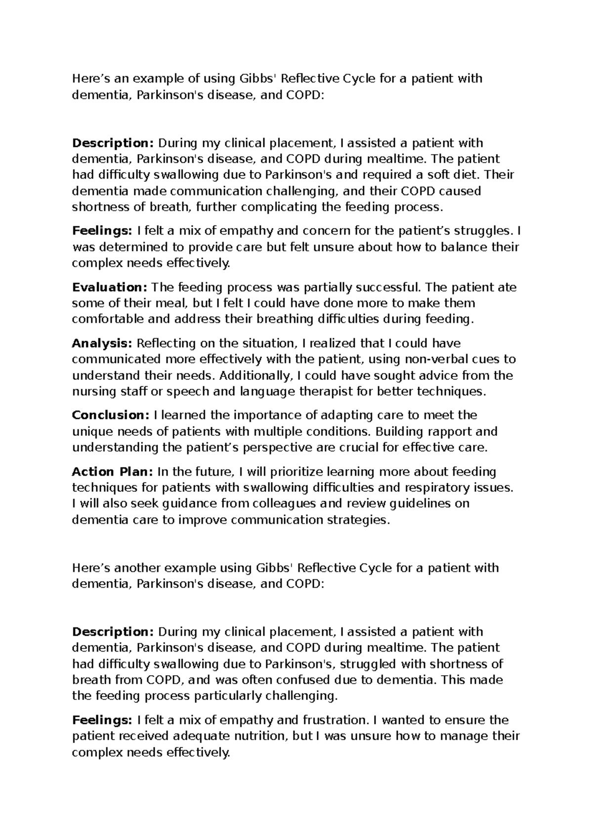 Gibbs reflective cycle examples for feeding patients with dementia and ...