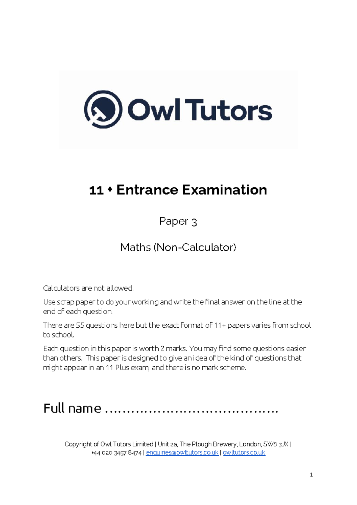 Maths Paper 3 - 11+ Entrance Examination Practice Questions - Studocu