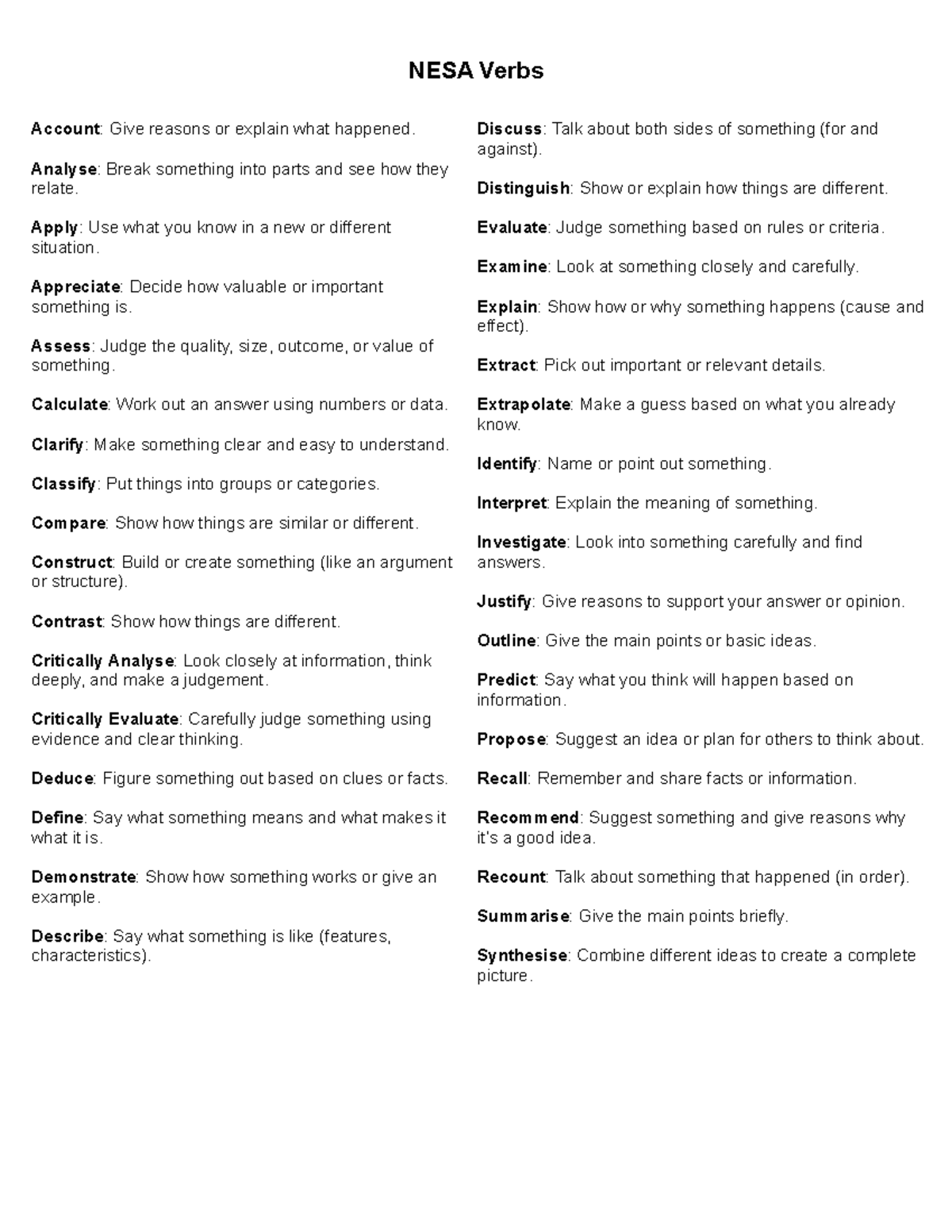 NSW NESA Verbs: Definitions and Applications for Assessment - Studocu