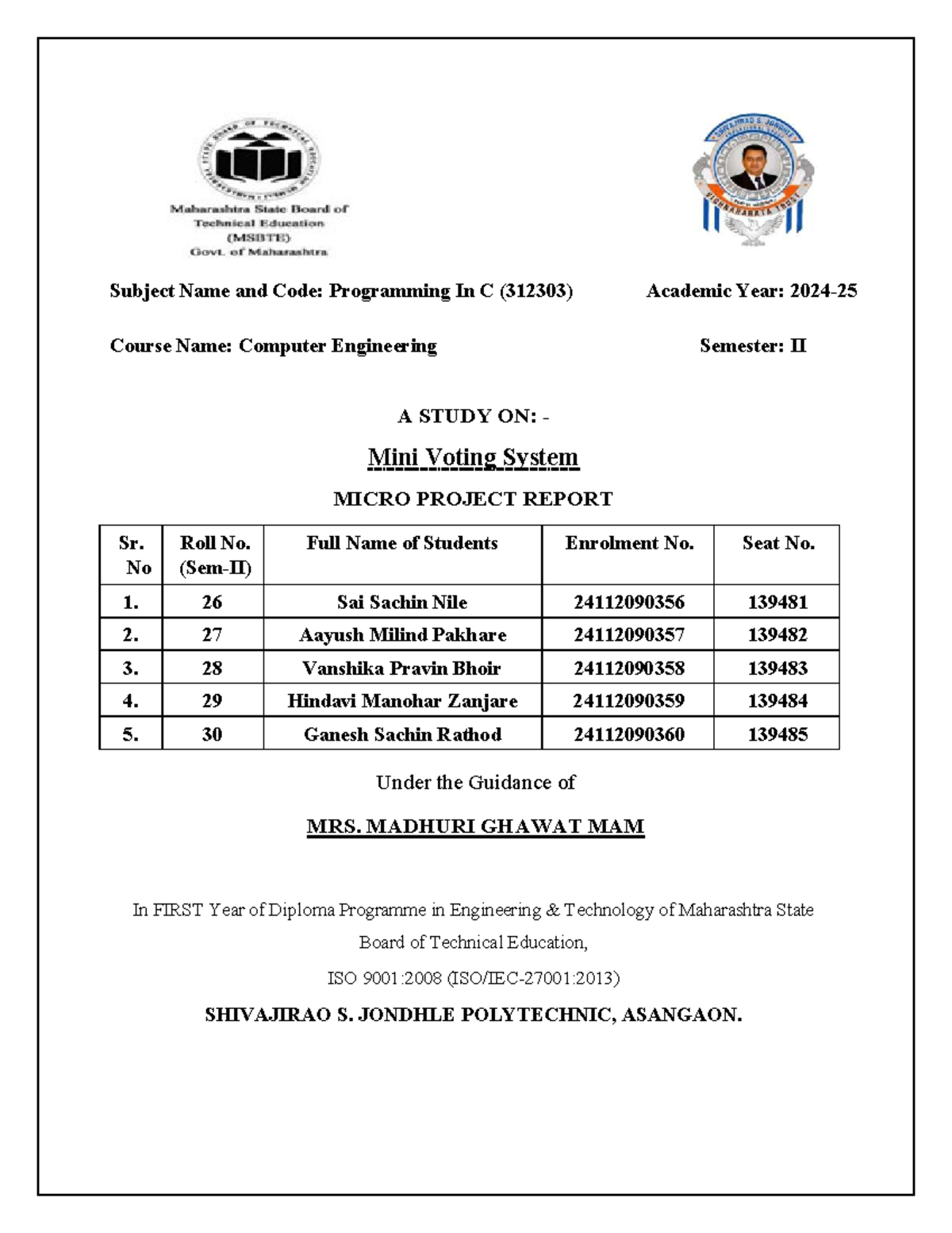Micro Project Report: Mini Voting System in C (312303) - Studocu