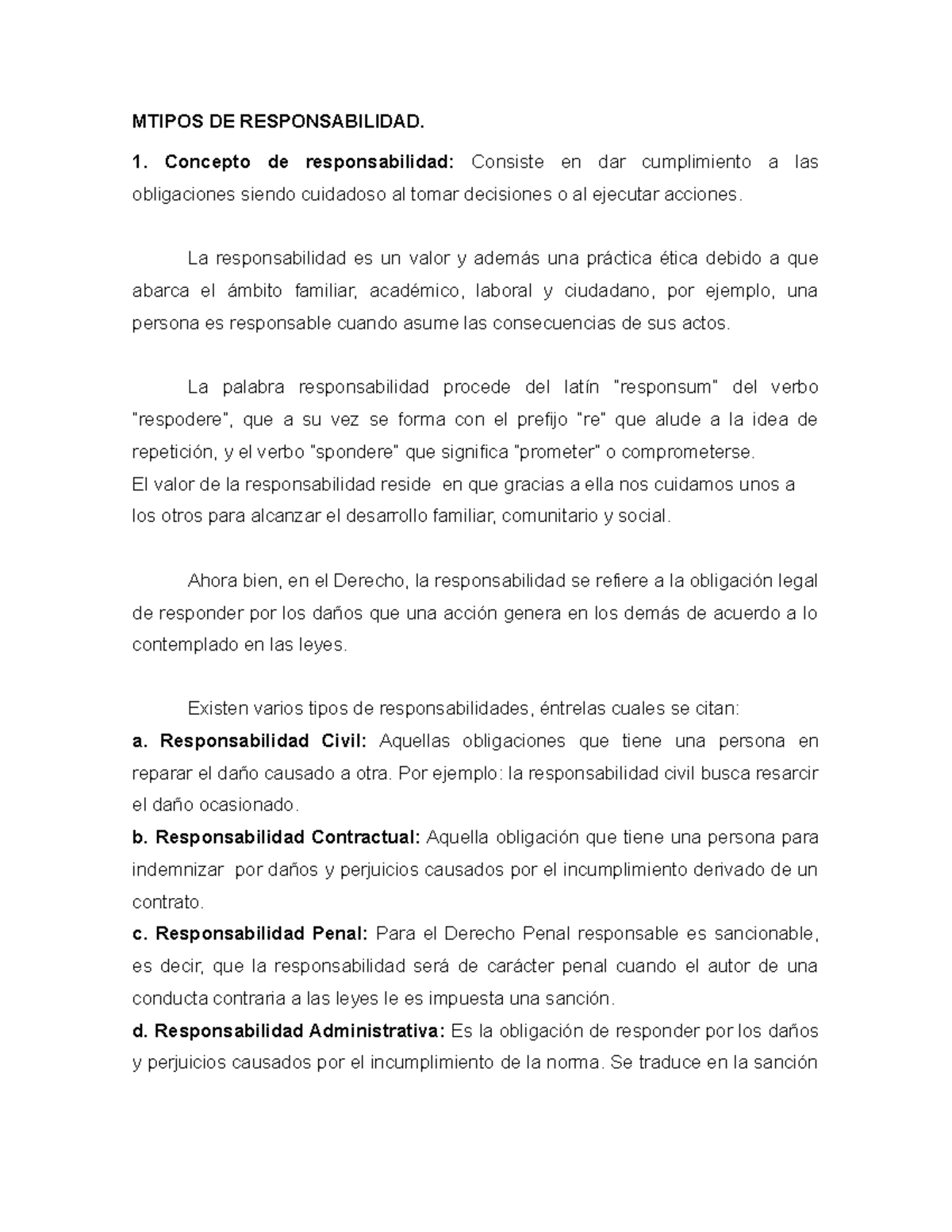 TEMA 3. Responsabilidad Tipos - MTIPOS DE RESPONSABILIDAD. Concepto de ...
