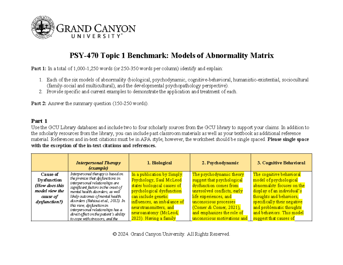 PSY 470 Spring 2024: Comprehensive Matrix of Abnormality Models - Studocu