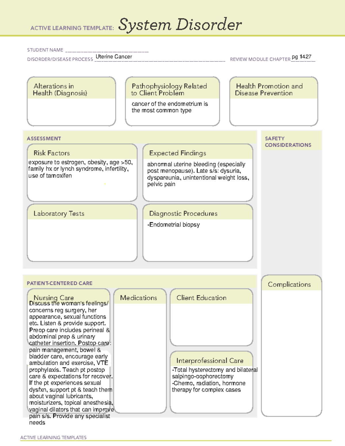 Uterine Cancer - ACTIVE LEARNING TEMPLATES System Disorder STUDENT NAME ...