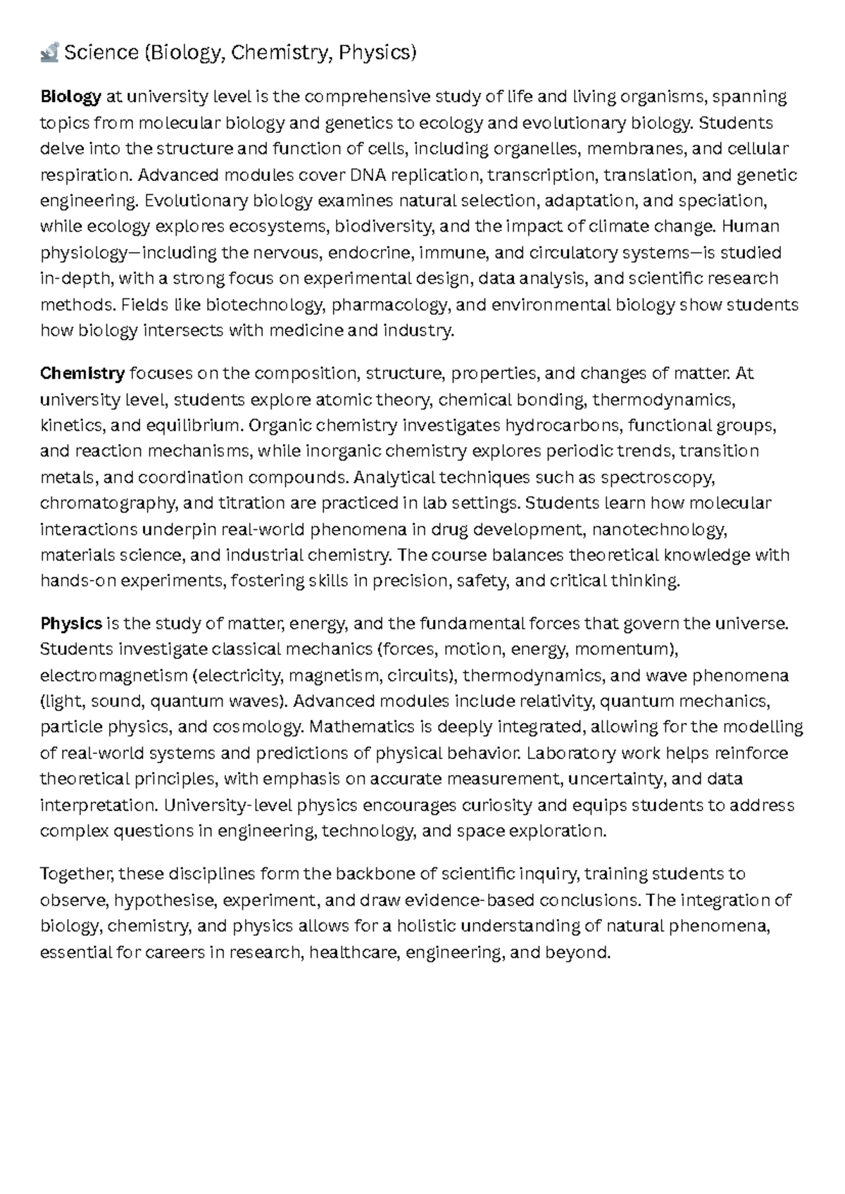 University Level Science: Biology, Chemistry, and Physics Overview ...
