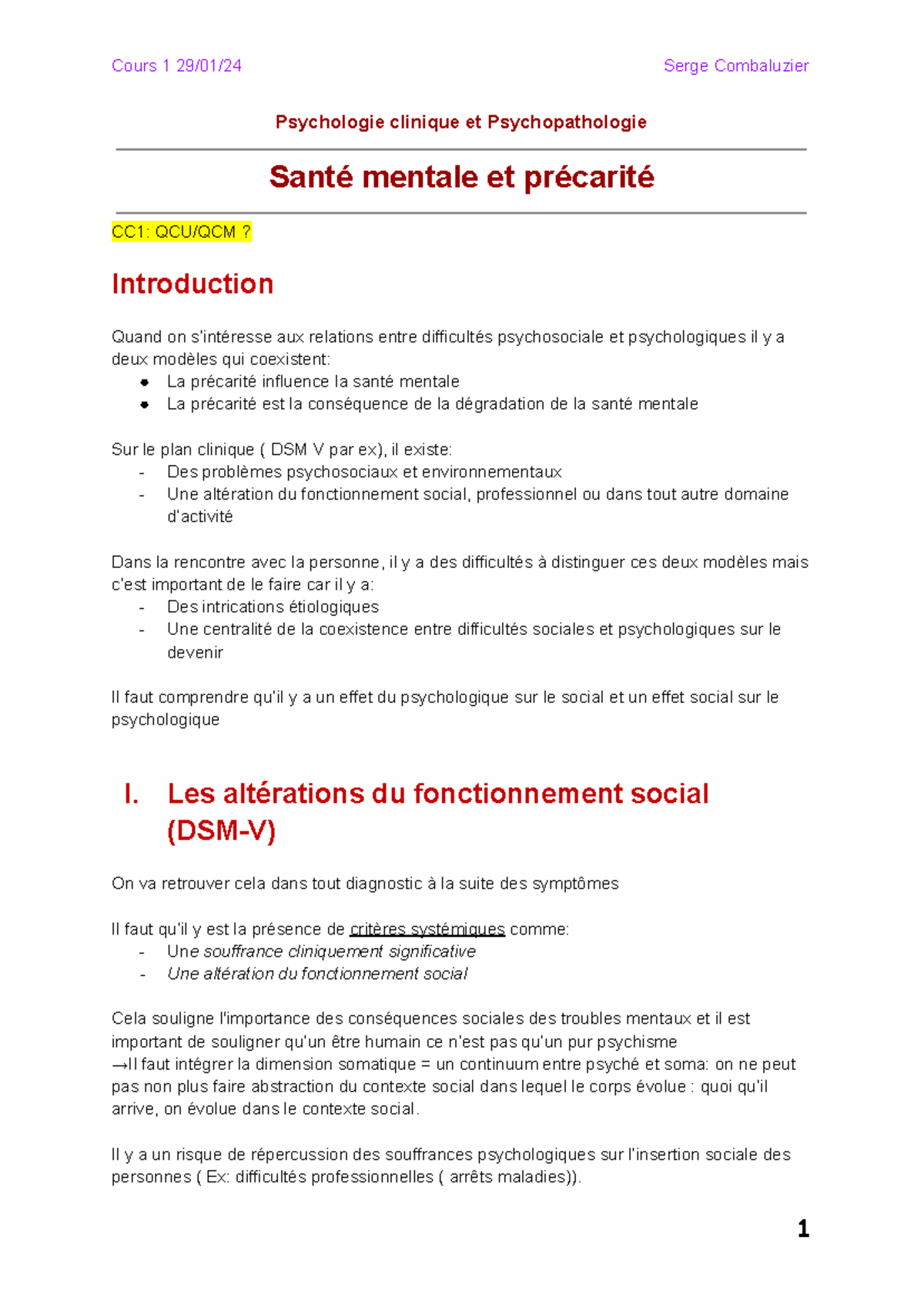 Cours 1 CC1: Psychologie Clinique, Psychopathologie et Précarité ...