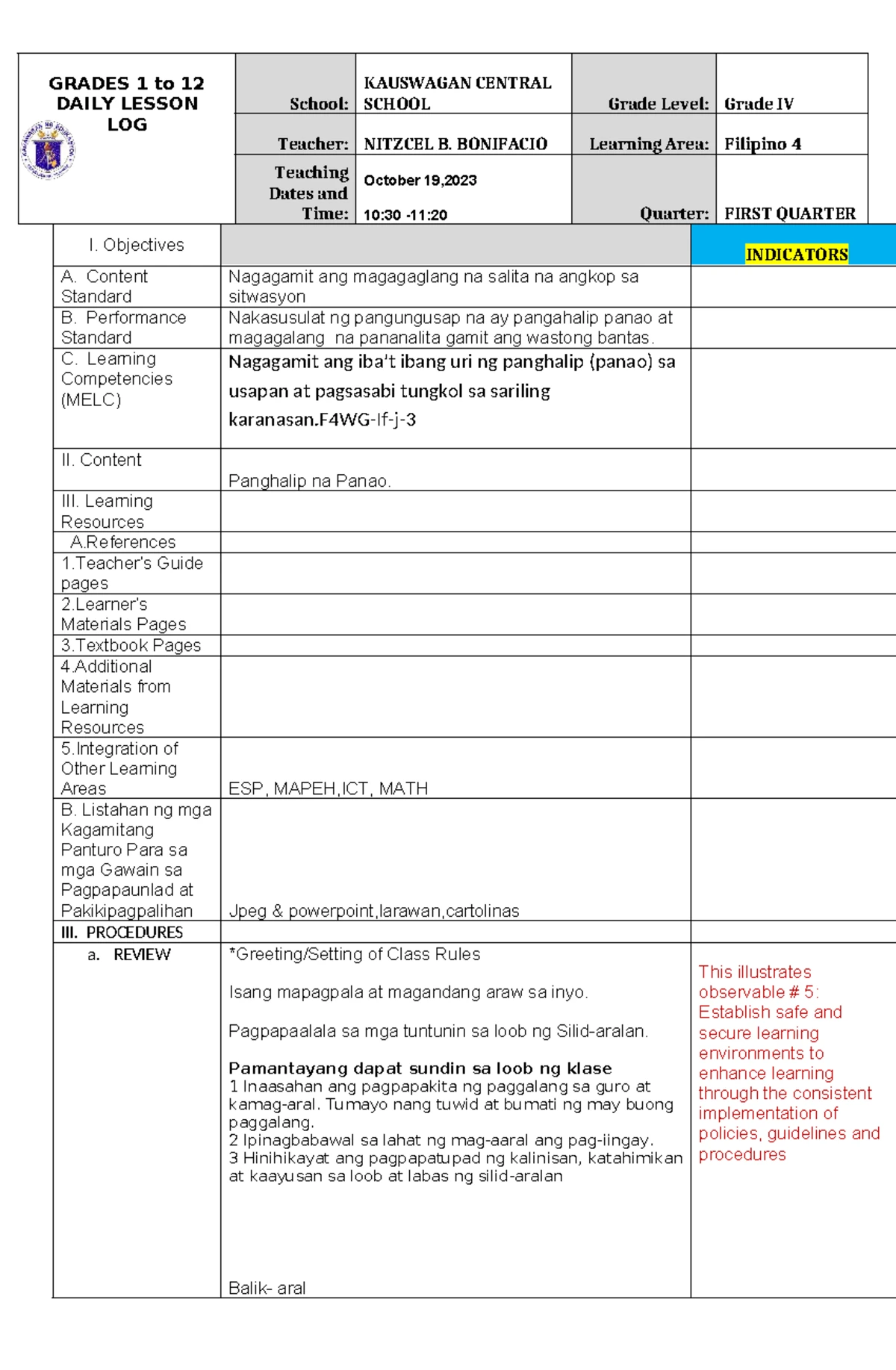 Q1 Daily Lesson Log: Panghalip Panao for Filipino 4 - Studocu