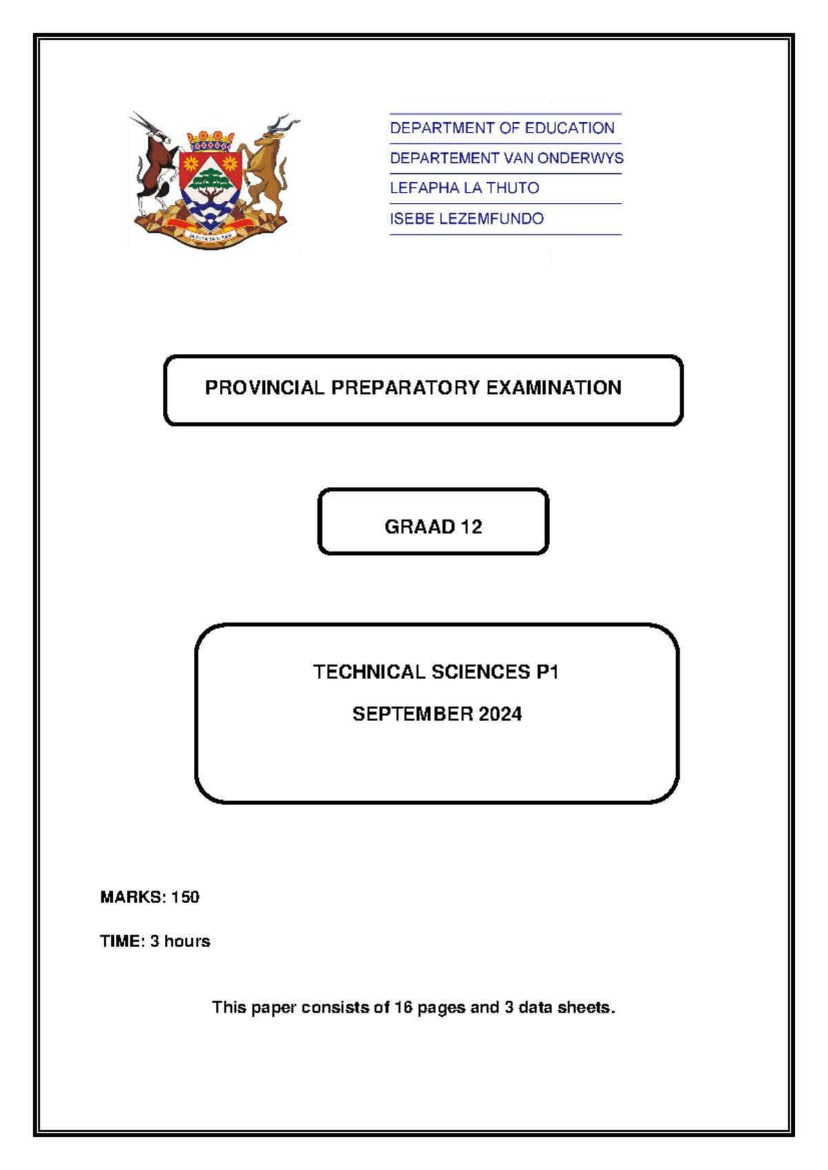 Technical Sciences P1 GRADE 12 September 2024 Exam Paper - Studocu