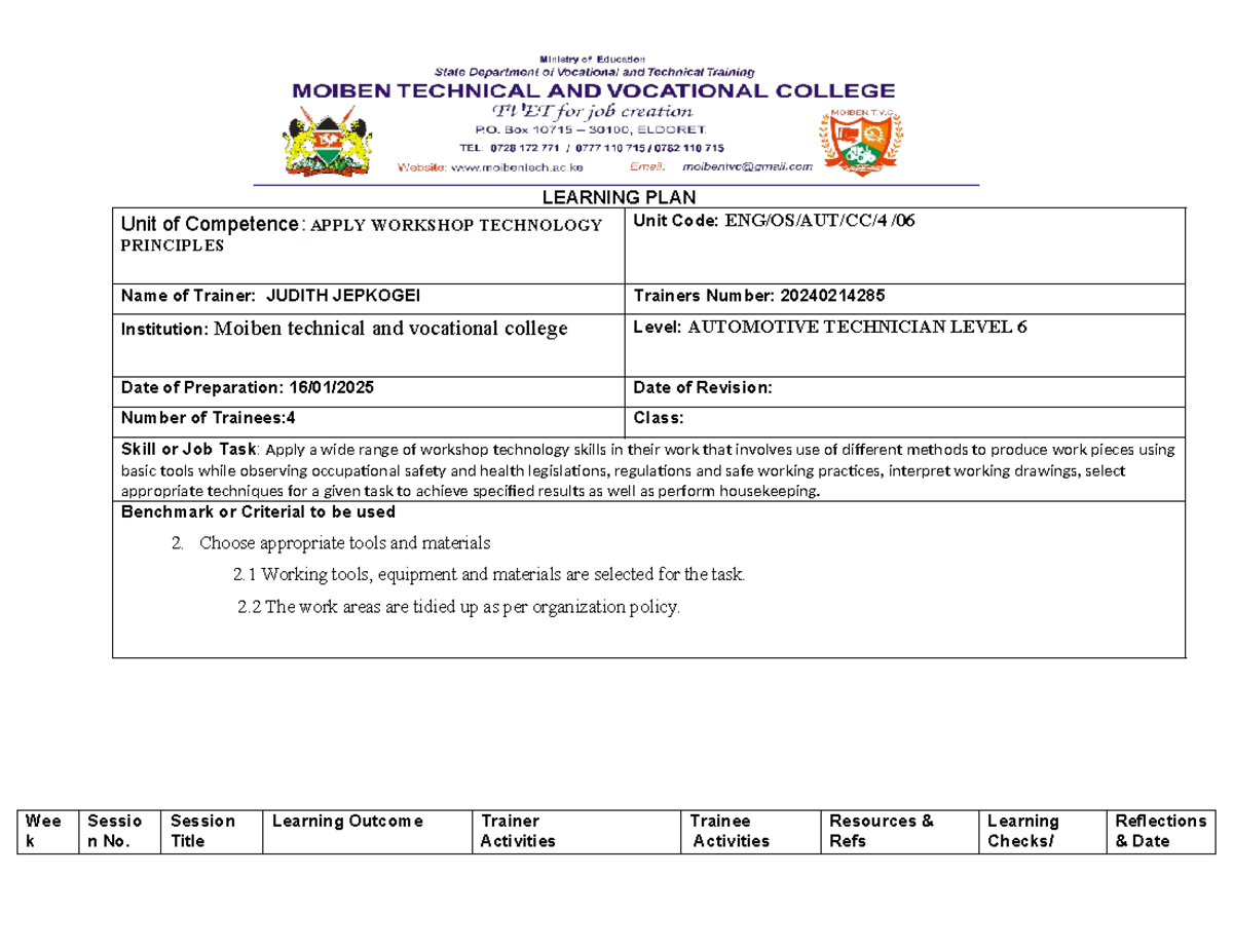 LEARNING PLAN: APPLY WORKSHOP TECHNOLOGY (AUTOMOTIVE TECHNICIAN LEVEL 6 ...