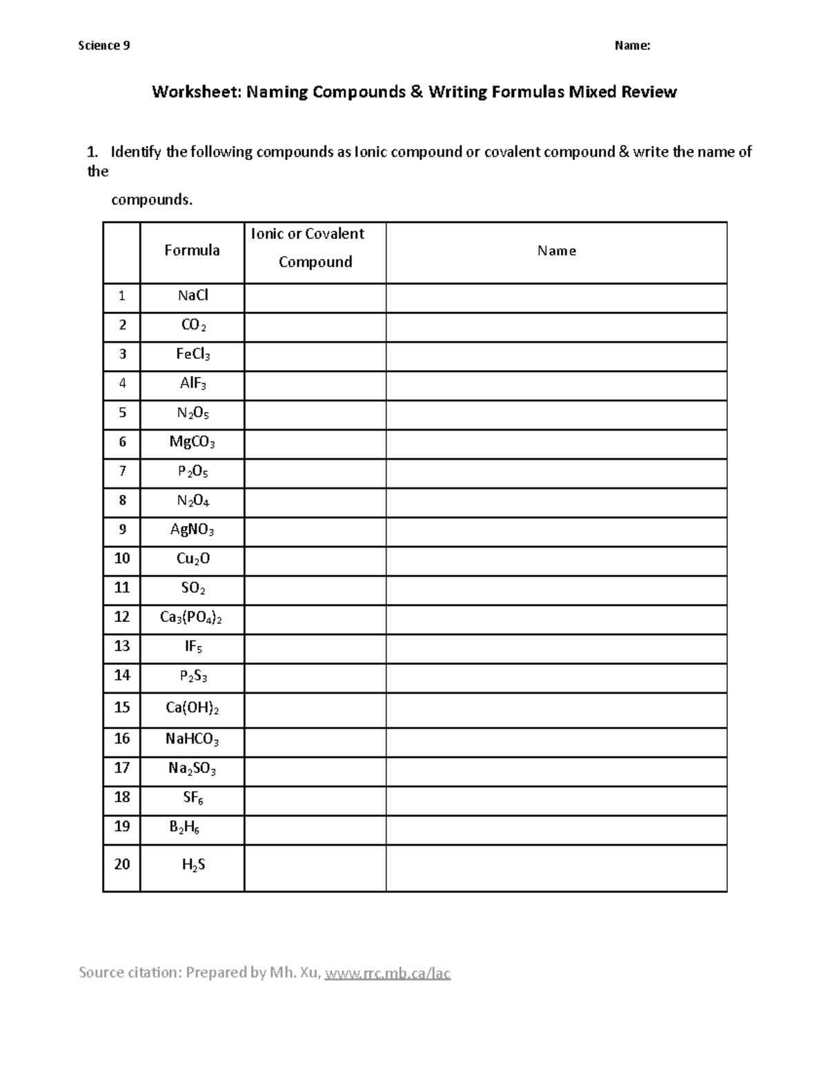 Naming compounds mixed ws - Worksheet: Naming Compounds & Writing ...