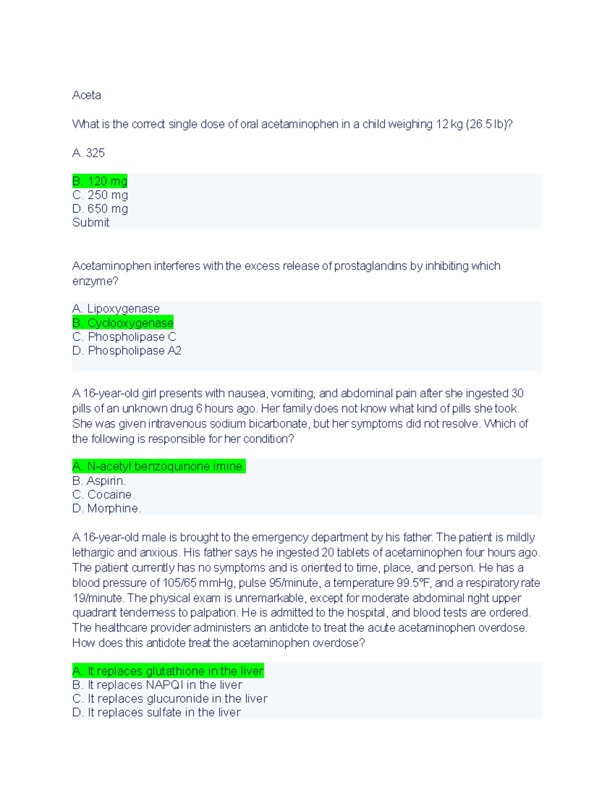 MSN 611 Week 4 Acetaminophen, Antidotes, and Overdose Management Notes ...