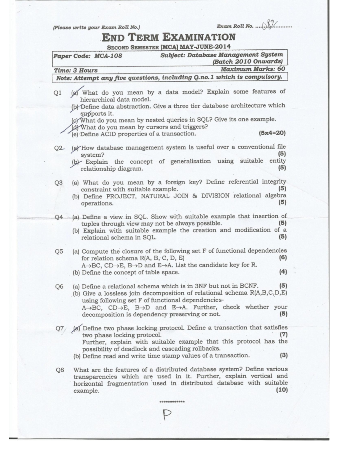 DBMS 2014 - End Term Exam Notes on Database Management System - Studocu