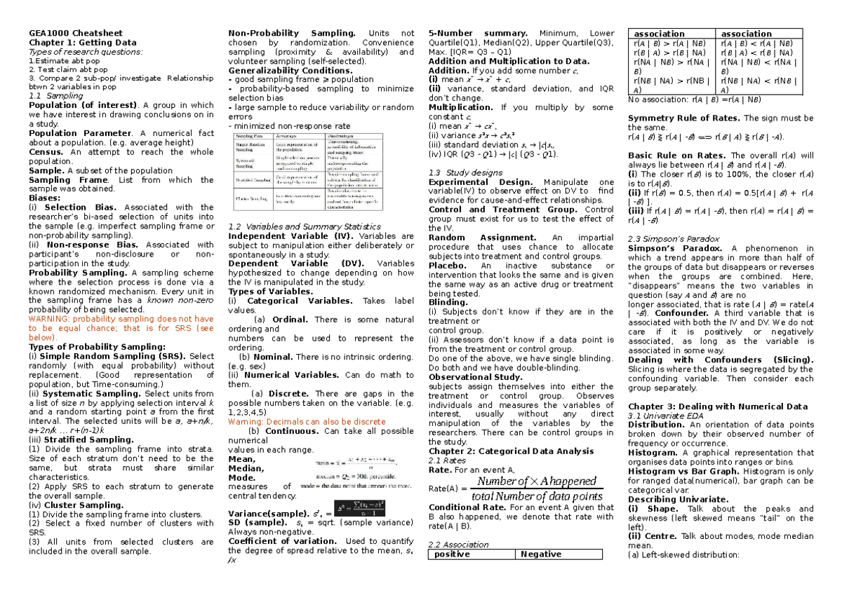 GEA1000 Final Exam Cheatsheet: Data Types & Research Questions - Studocu