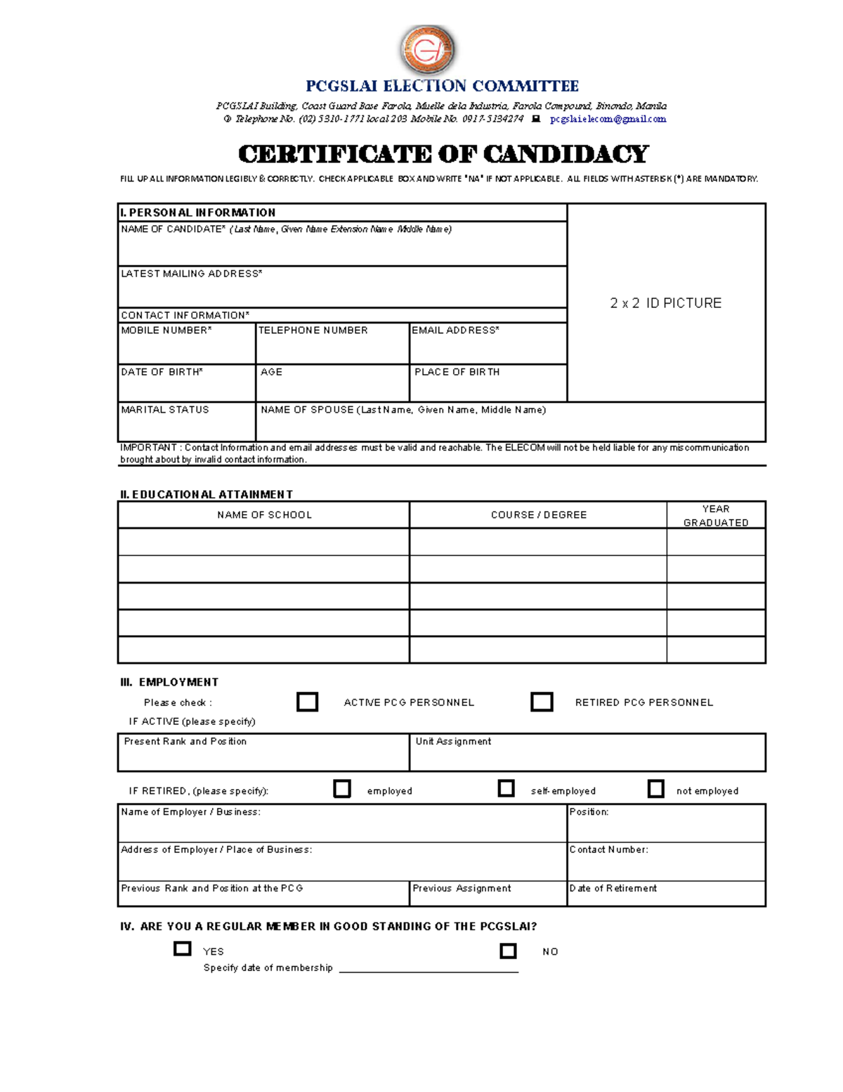 PCGSLAI COC Form 2024 - Candidate Information Fill Out Guide - Studocu