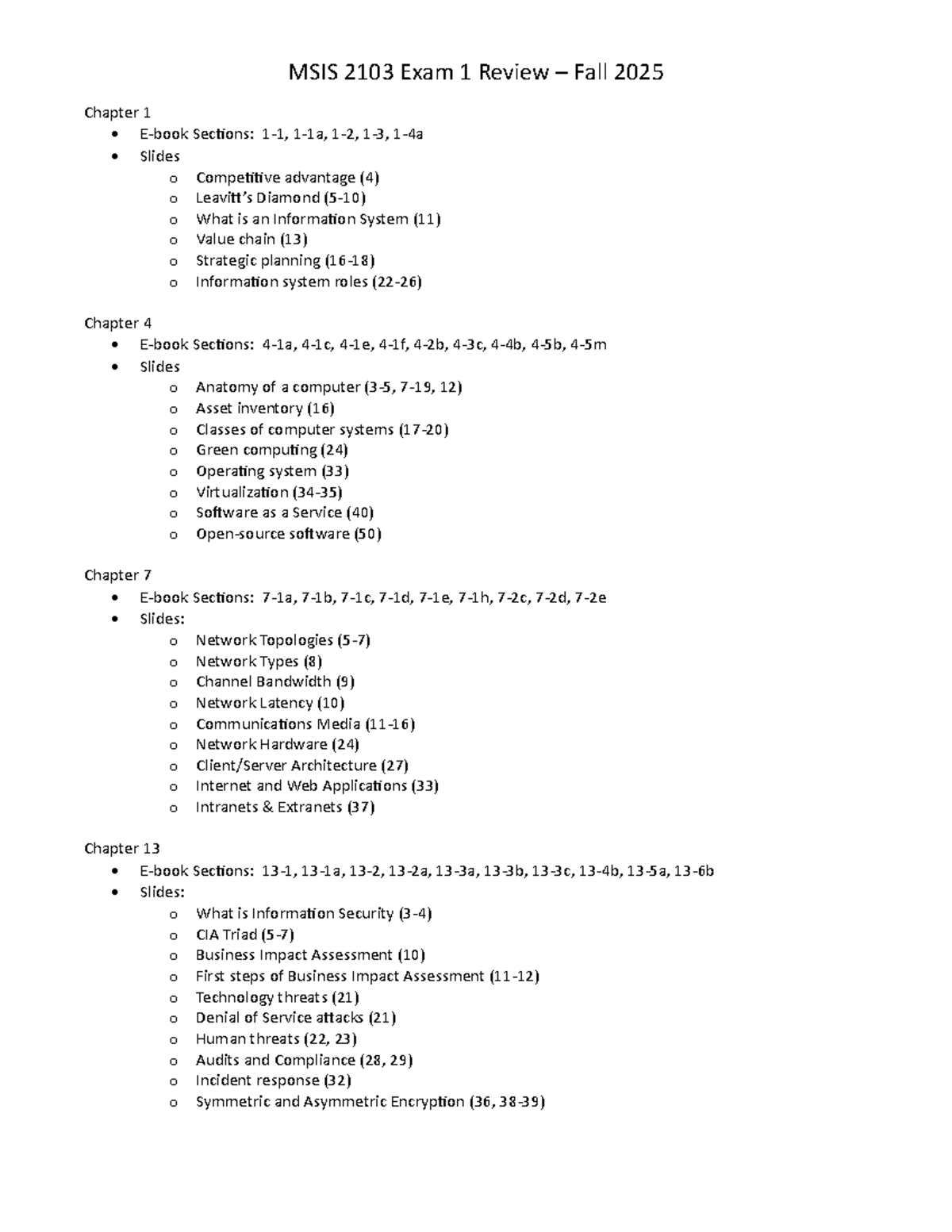 MSIS 2103 Exam 1 Review – Key Topics from Ch. 1, 4, 7, 13 - Studocu