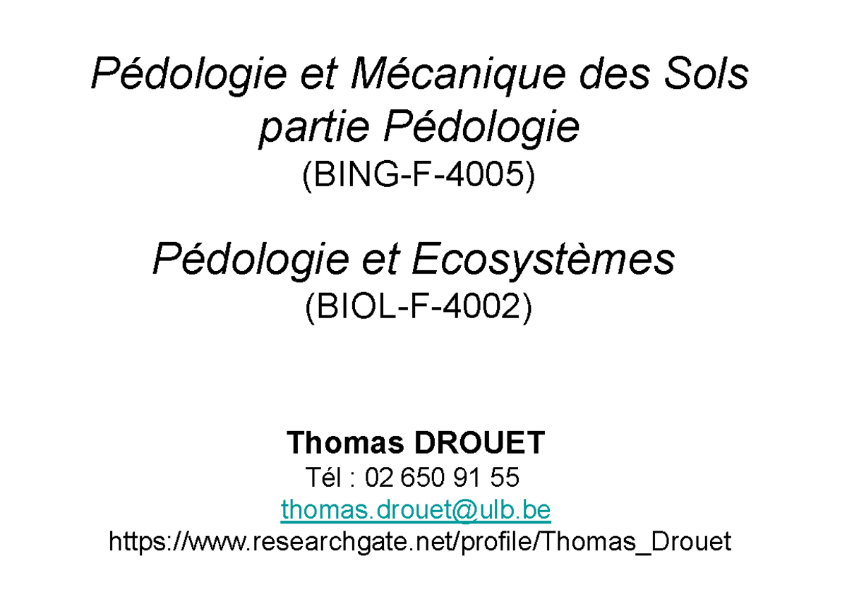 Pédologie et Mécanique des Sols - Cours 1 Intro (Bingf 4005, Biolf 4002 ...