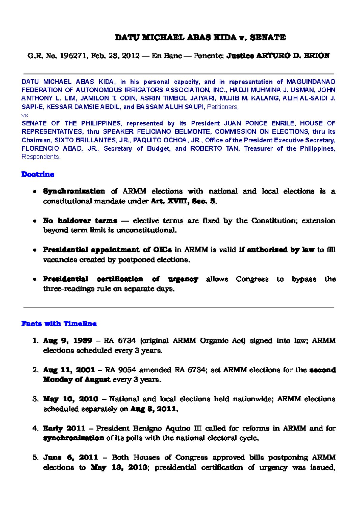 Constitutional Case Digest: DATU MICHAEL ABAS KIDA v. SENATE G.R. No ...