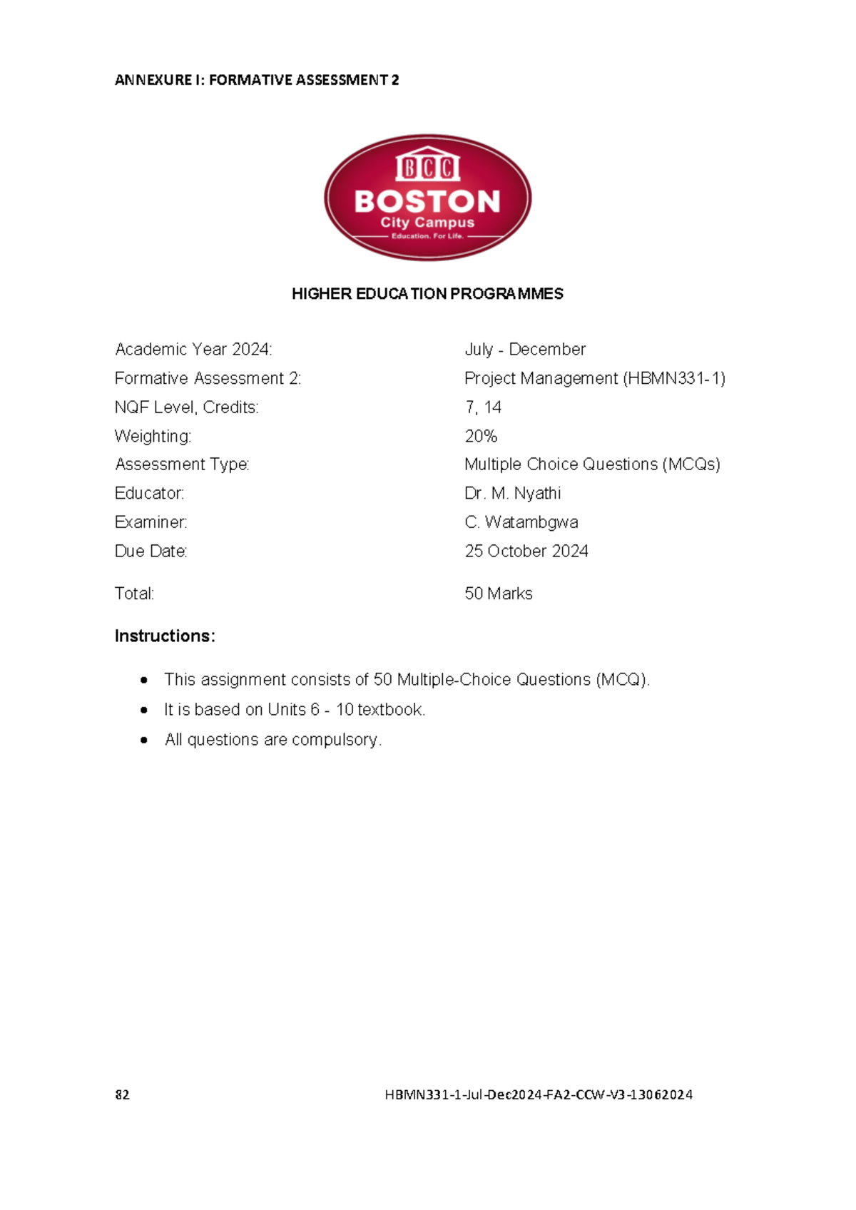 HBMN331-1-FA2 - Formative Assessment 2: Project Management MCQs - Studocu