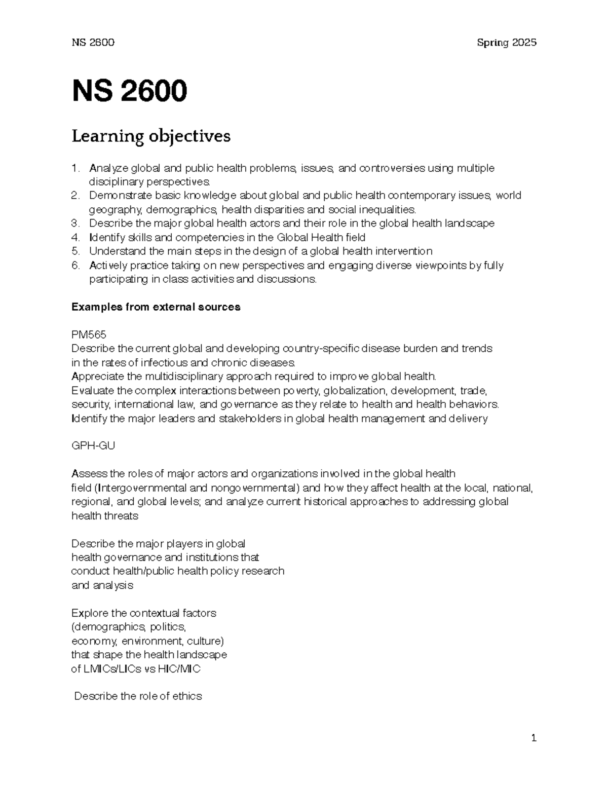 NS 2600 Spring 2025 Course Policies and Learning Objectives - Studocu