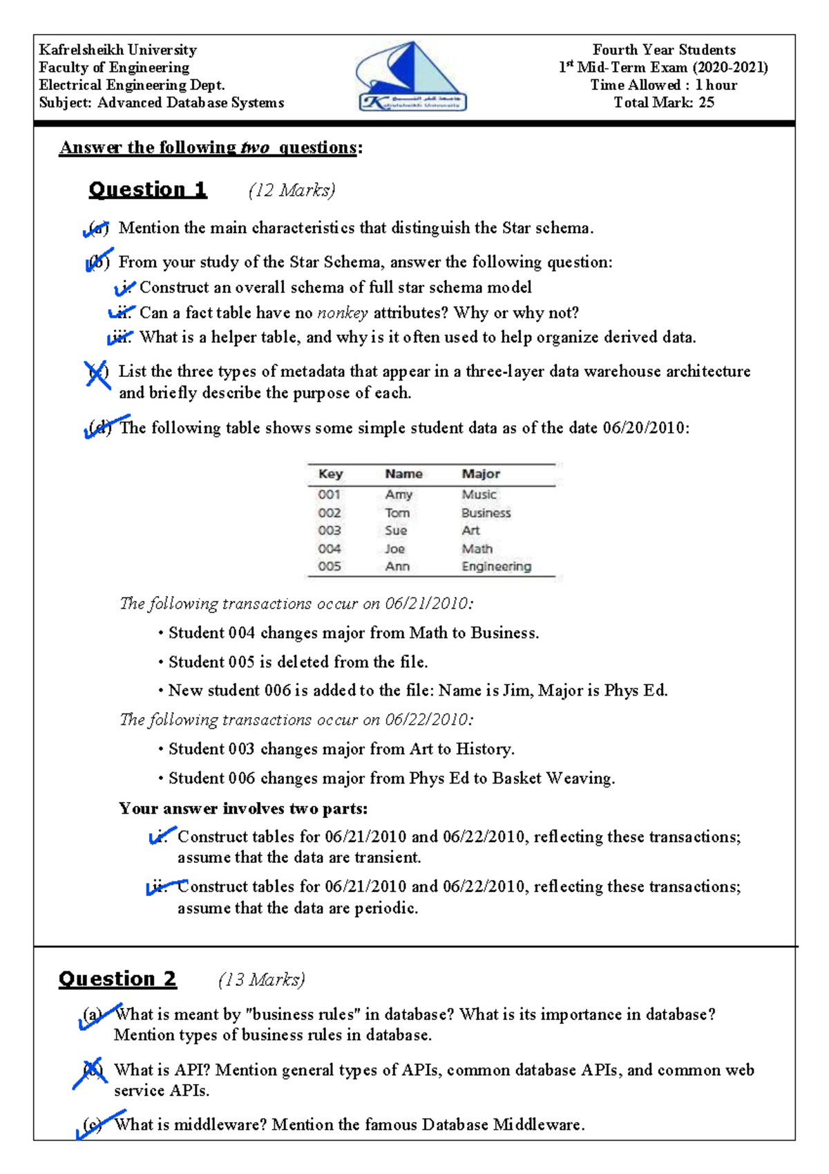 ADB 4th Year Midterm Exam Solutions - Advanced Database Systems - Studocu