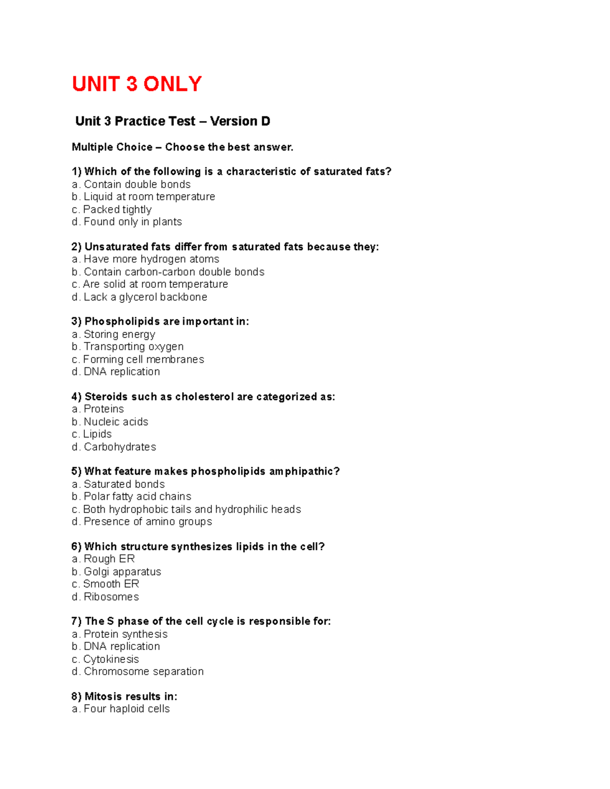 Unit 3 Practice Test D: Key Concepts in Cell Biology - Studocu