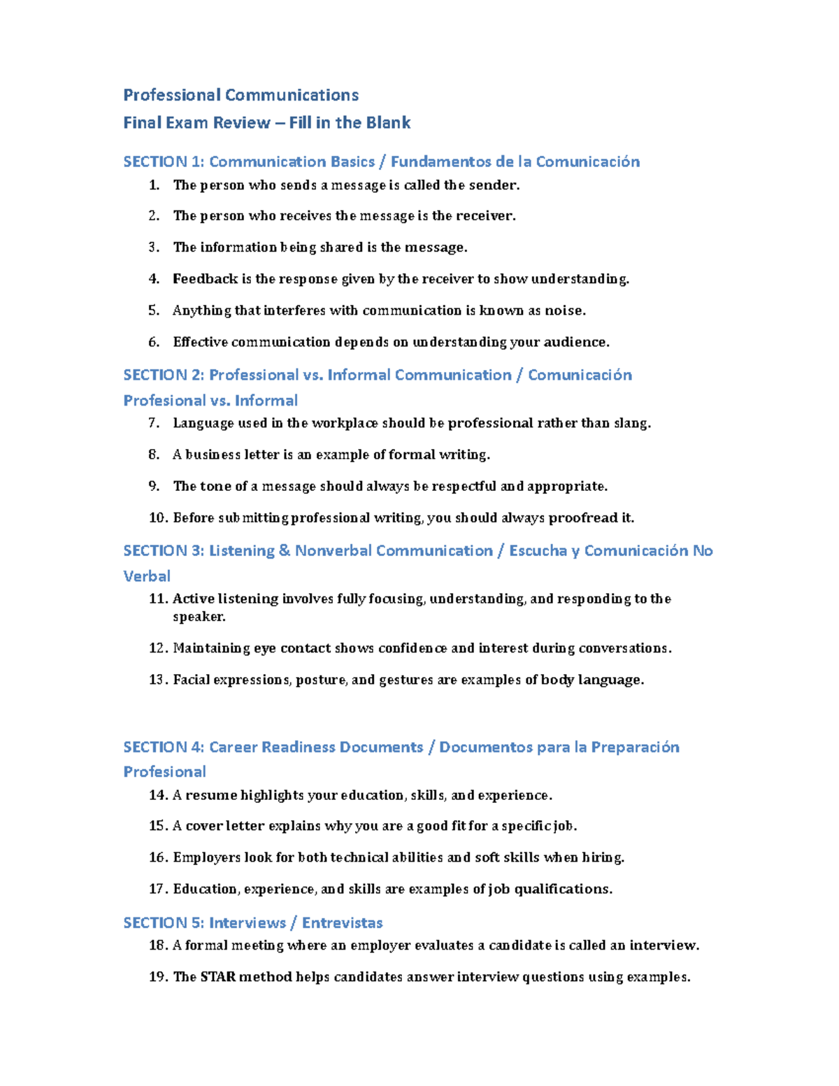 Professional Communications Final Exam Review: Bilingual Guide - Studocu