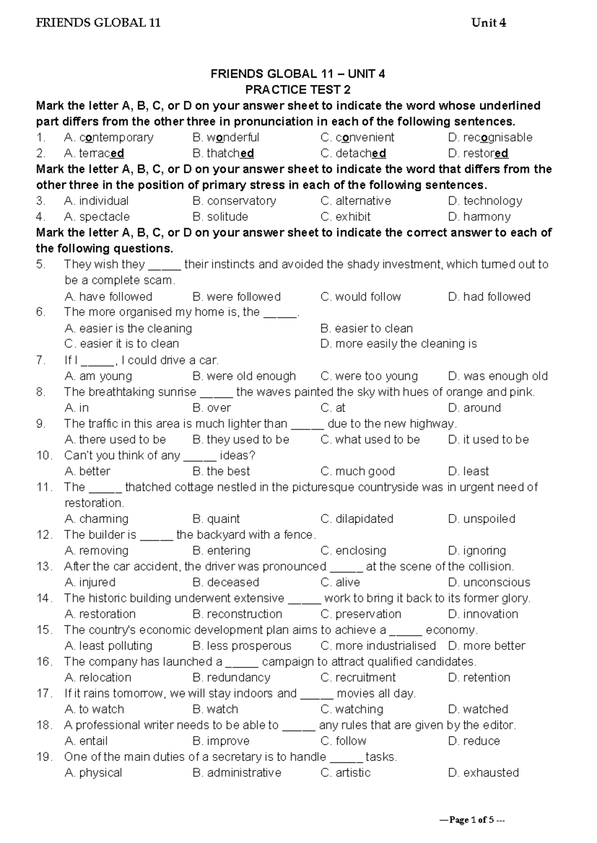 Tieng Anh 11 Friends Global - Unit 4 - Test 2 - FRIENDS GLOBAL 11 ...