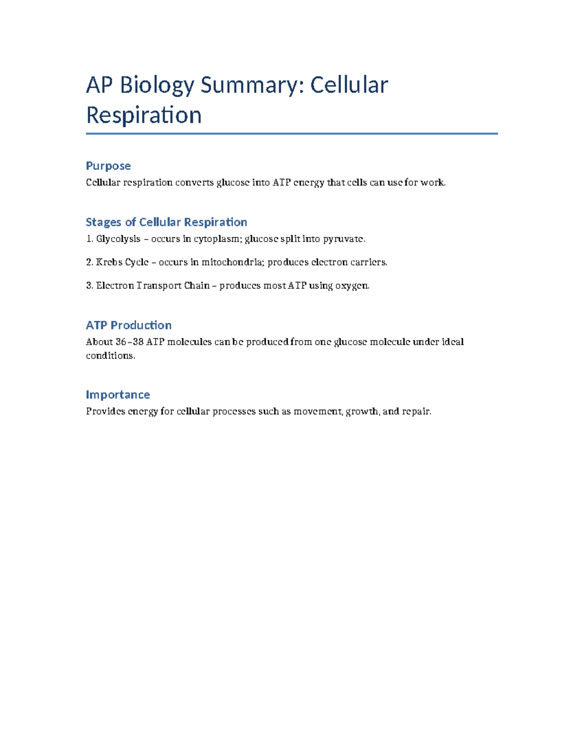 Ap bio cellular respiration summary - AP Biology Summary: Cellular ...
