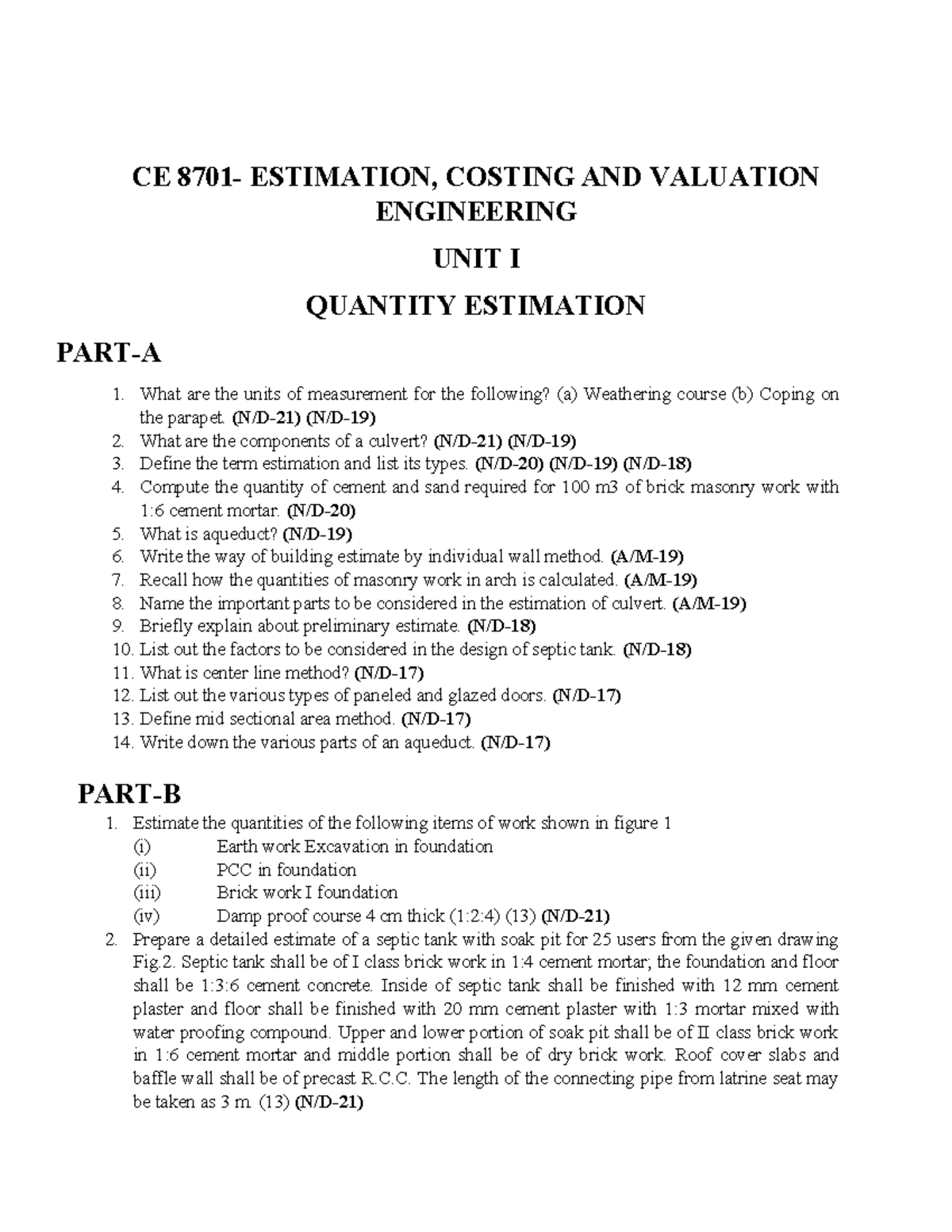 CE ESTIMATION, COSTING AND VALUATION ENGINEERING UNIT I QB-EQS ...
