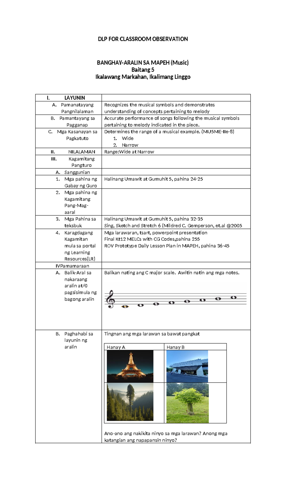 DLP for Classroom Observation in MAPEH (Grade 5, 2nd Quarter) - Studocu