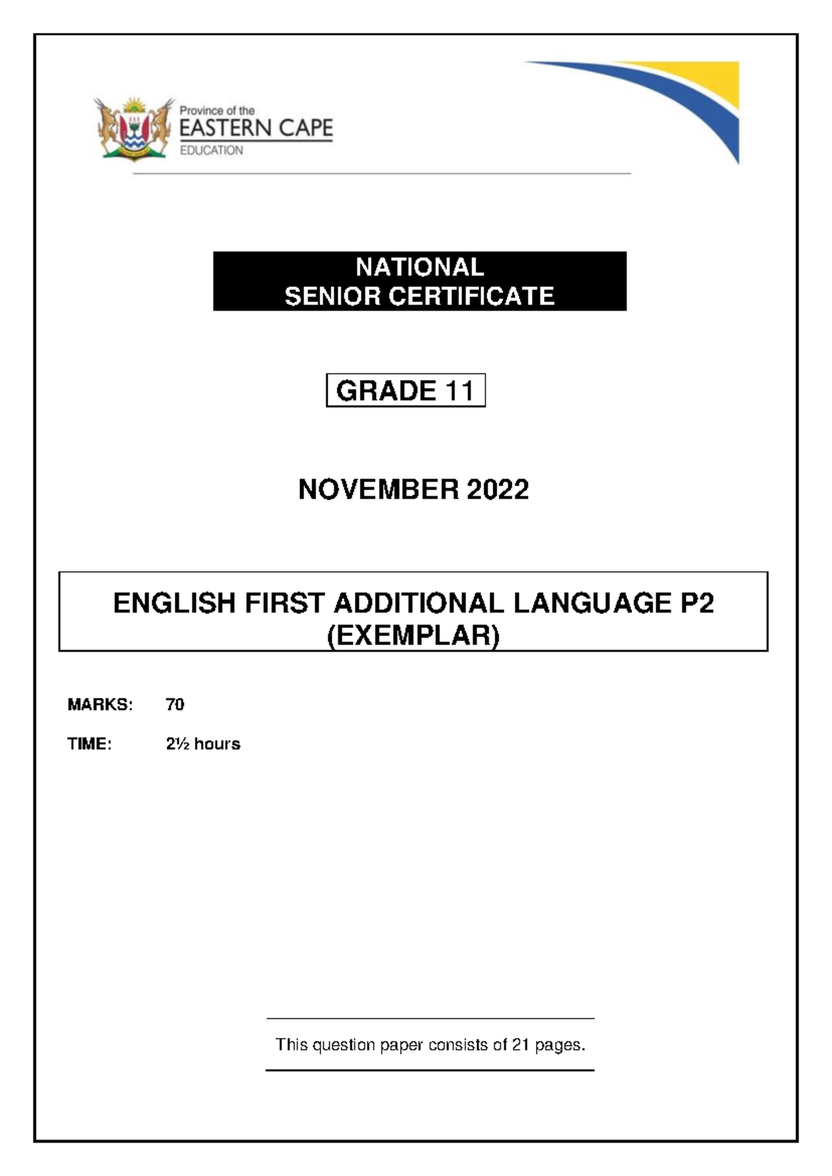 English FAL P2 Exemplar Exam Paper Grade 11 NOV 2022 - Studocu