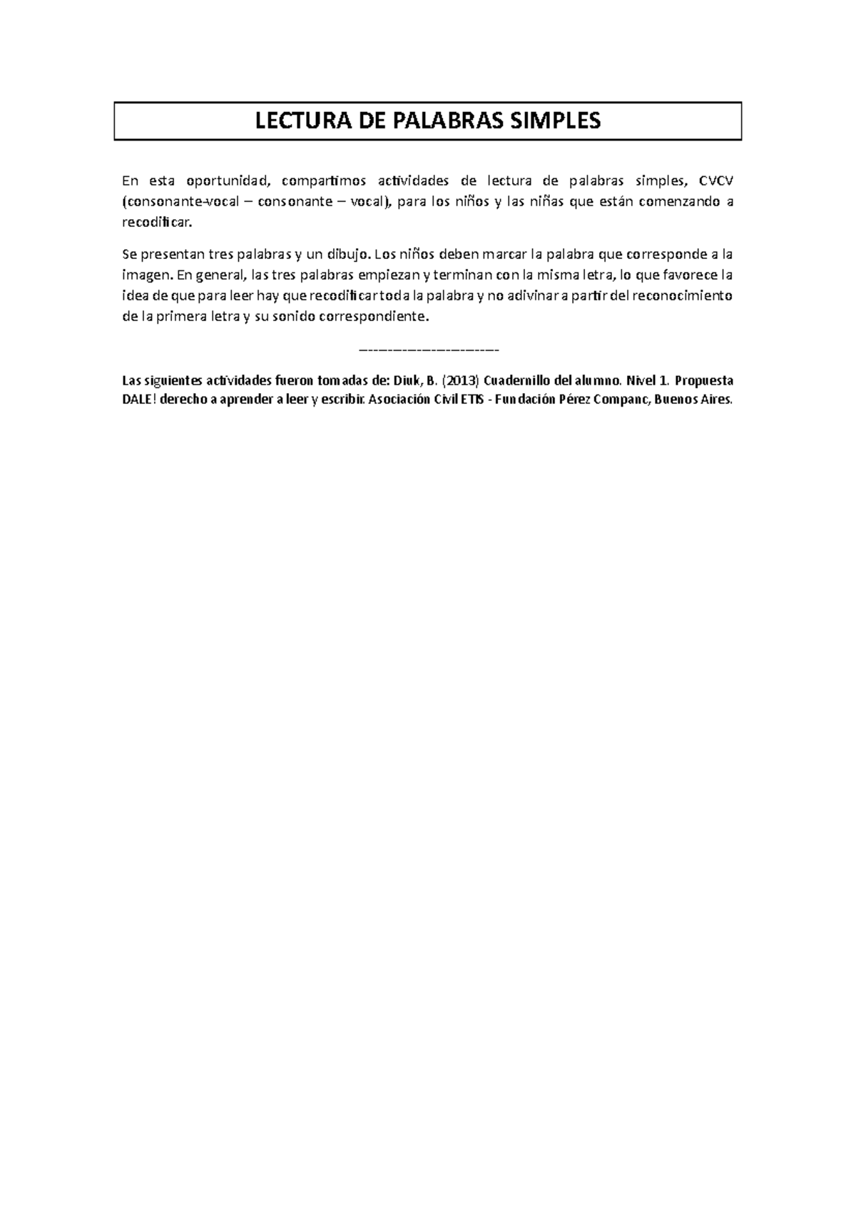 Lectura de palabras simples - primera entrega - LECTURA DE PALABRAS ...