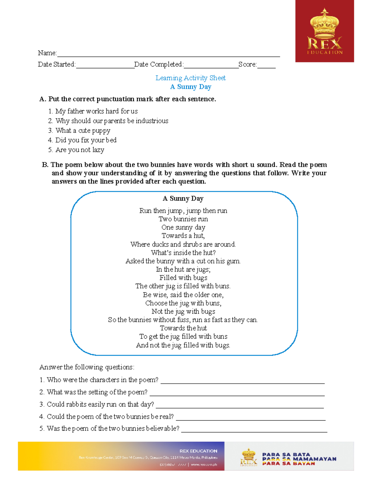 Learning Activity Sheet: A Sunny Day - Punctuation & Comprehension ...
