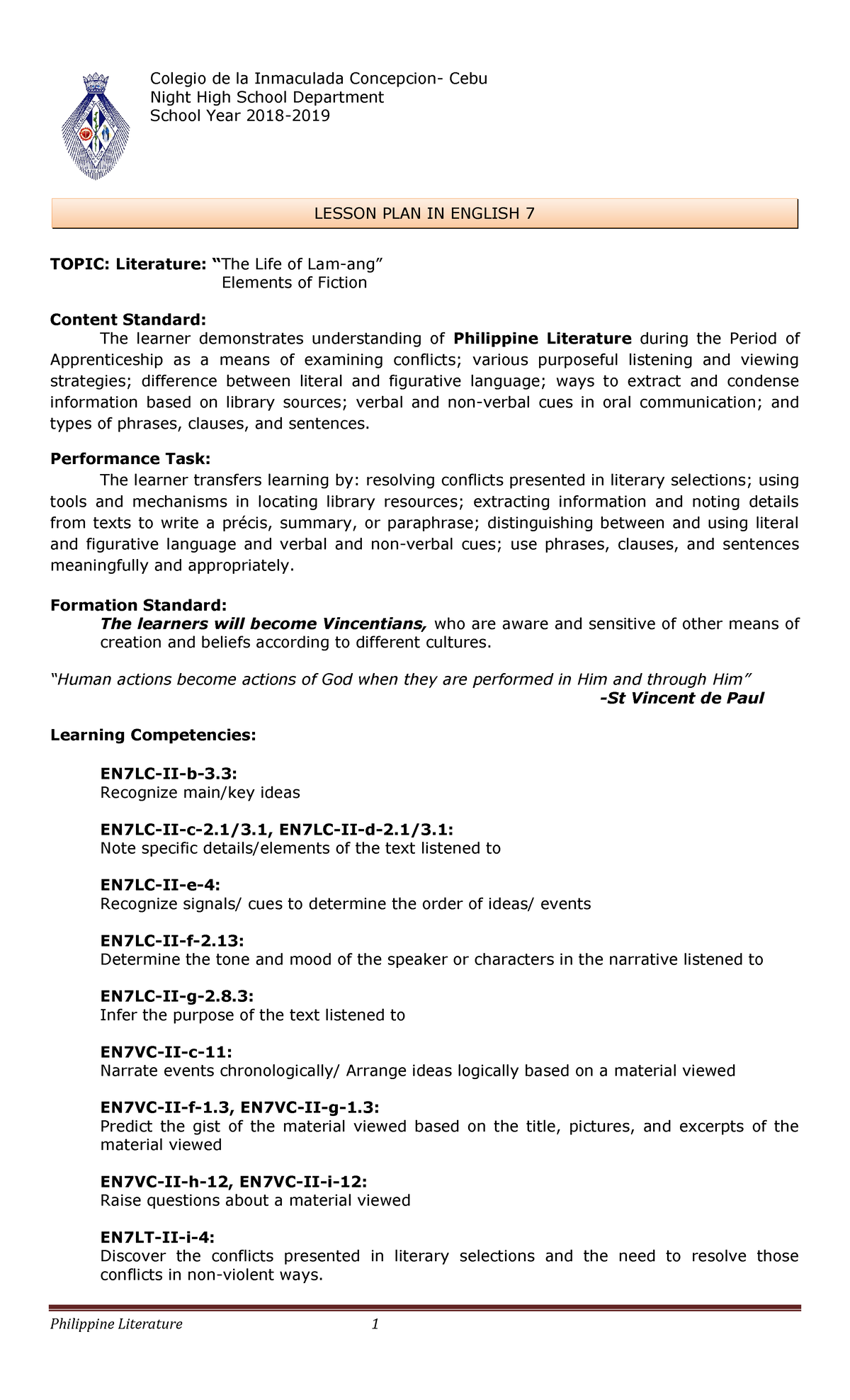 7-LP-1STWK - Grade 7 lesson plan - Colegio de la Inmaculada Concepcion ...