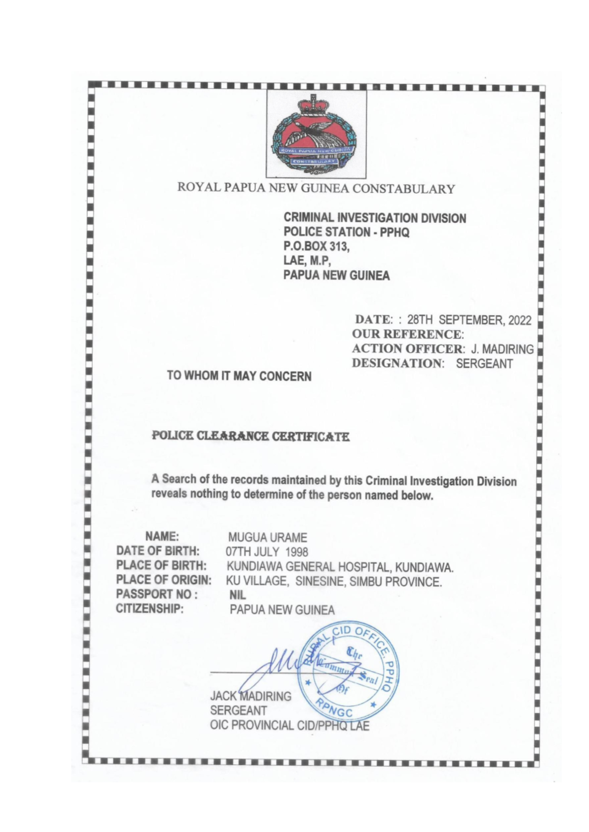 Police Clearance Certificate - RPNGC Reference Document - Studocu