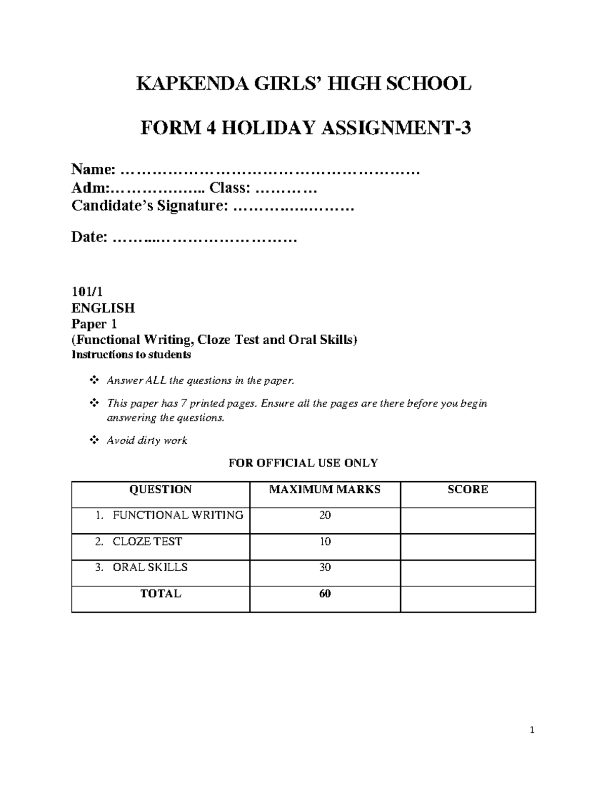 English PP1 - Form 4 Holiday Assignment: Functional Writing & Oral ...