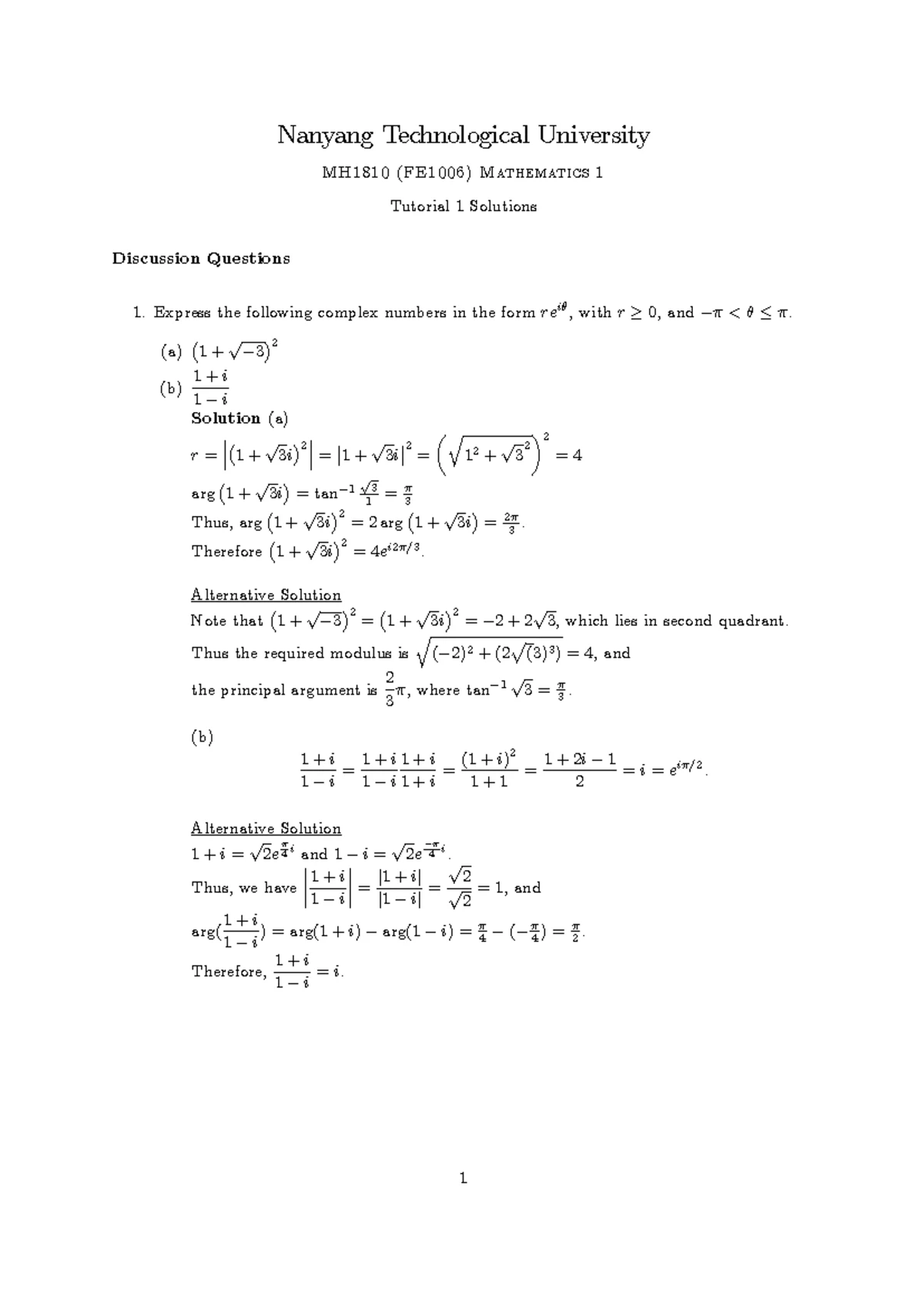 MH1810 Mathematics 1 Semester 1 Tutorial 2 Solutions on Vectors - Studocu