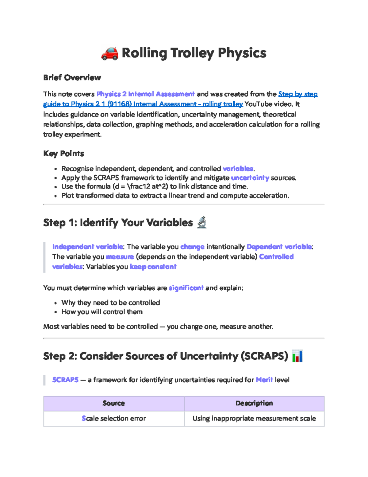 Physics 2.1 Internal Assessment: Rolling Trolley Experiment Overview ...