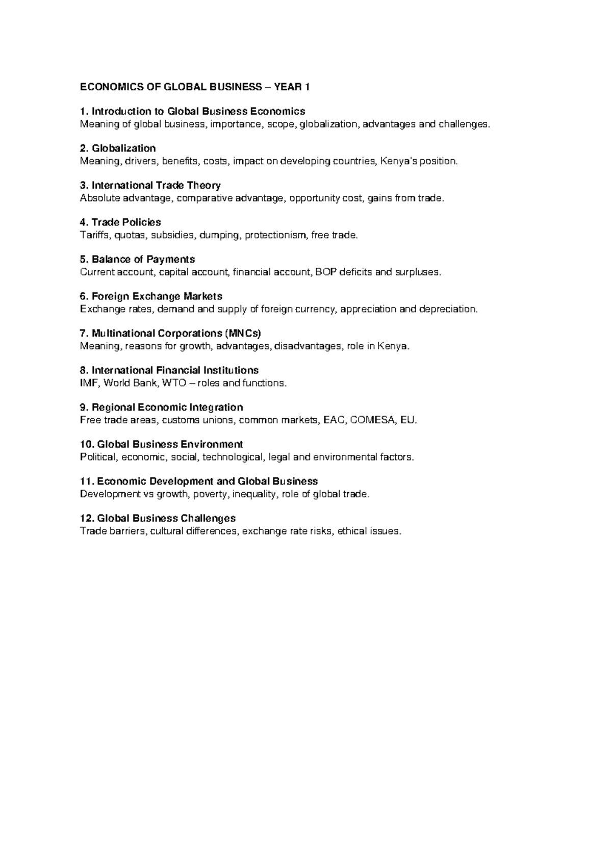 ECON 101: Economics of Global Business - Year 1 Overview - Studocu