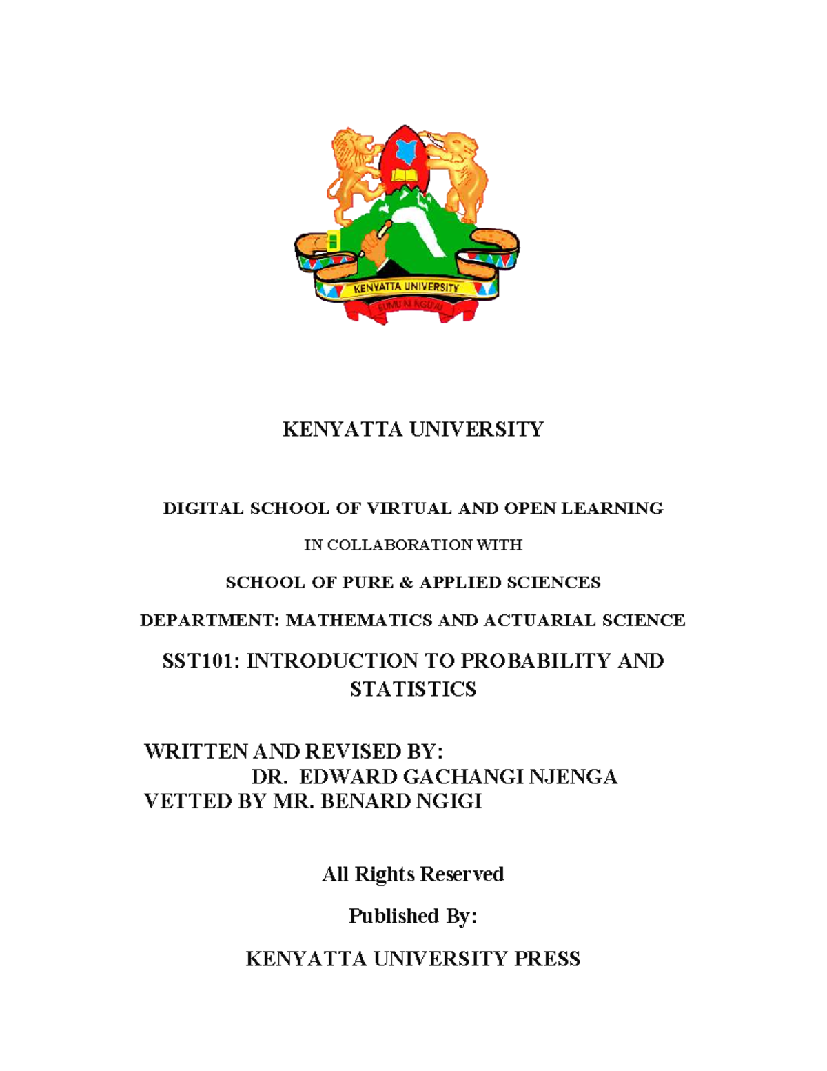 SST101: Introduction to Probability and Statistics - Lecture Notes ...