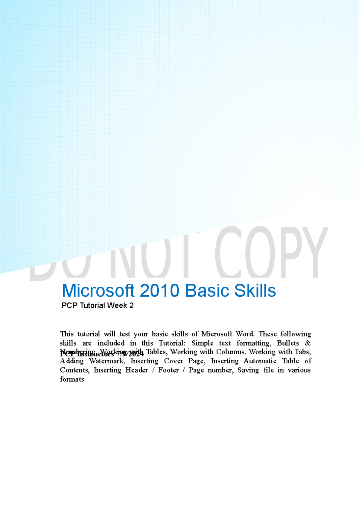 Word Homework - practice - Microsoft 2010 Basic Skills PCP Tutorial ...