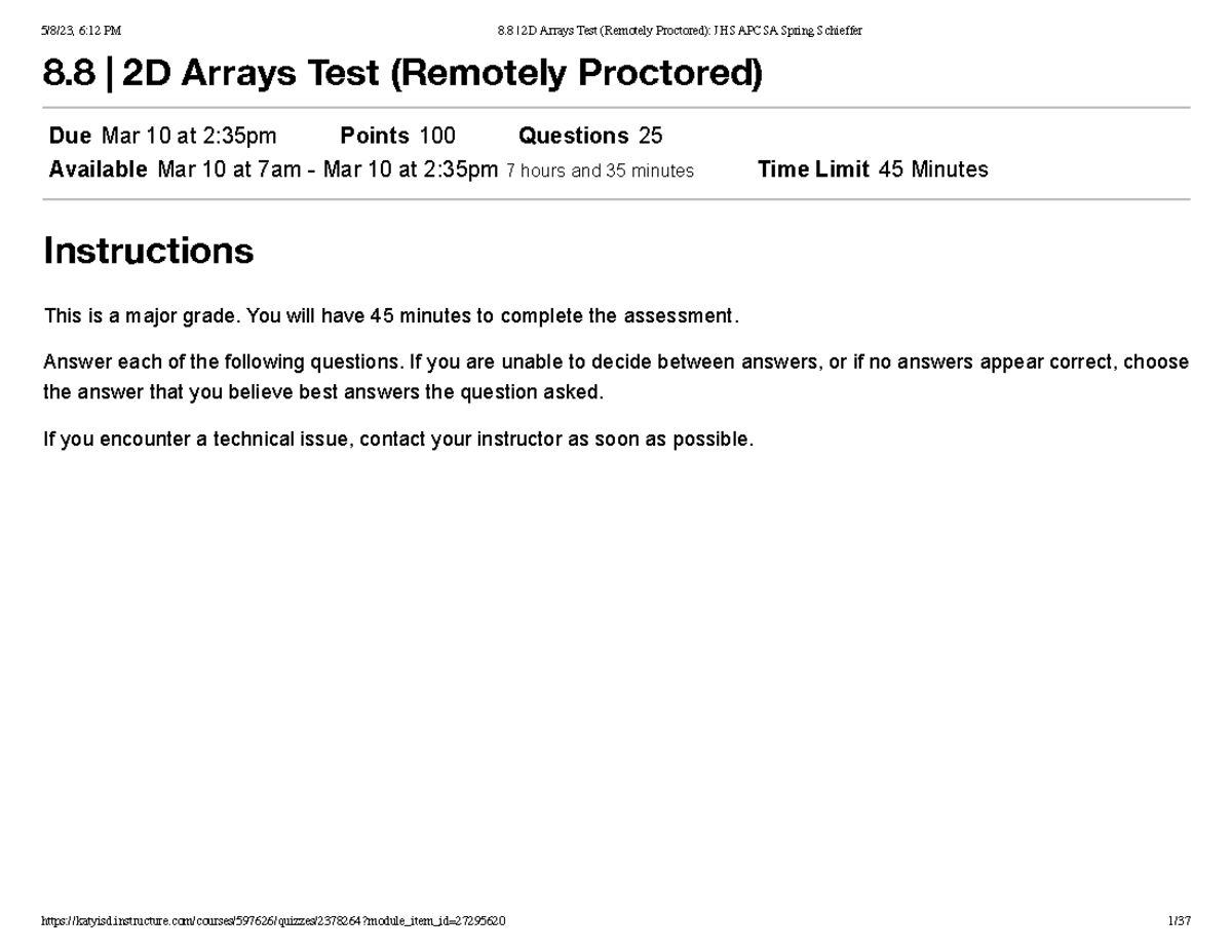 8.8 2D Arrays Test (Remotely Proctored) JHS Apcsa Spring Schieffer - 8 ...