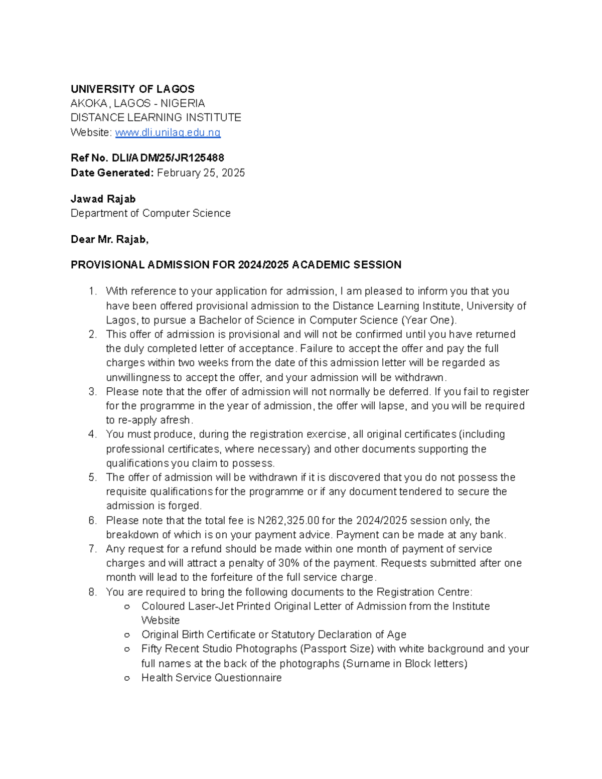 Provisional Admission Letter for B.Sc. in Computer Science - UNILAG ...
