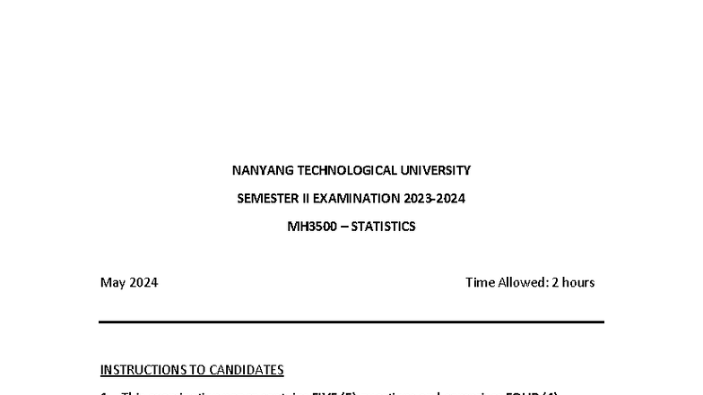 MH3500 Final Exam Questions - Statistics May 2024 - Studocu