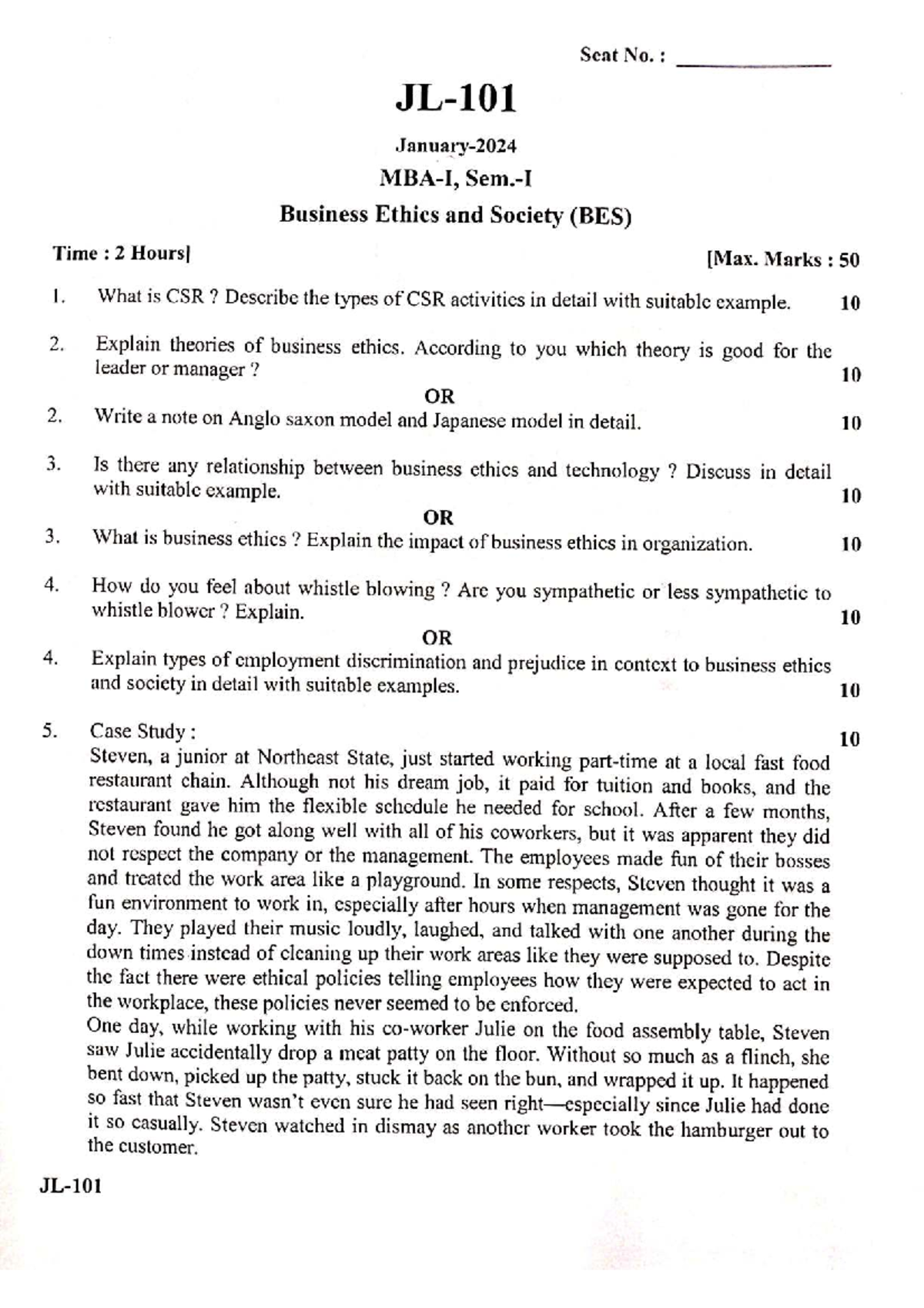 MBA 2024 Question Paper: Business Ethics, Economics, and Information ...
