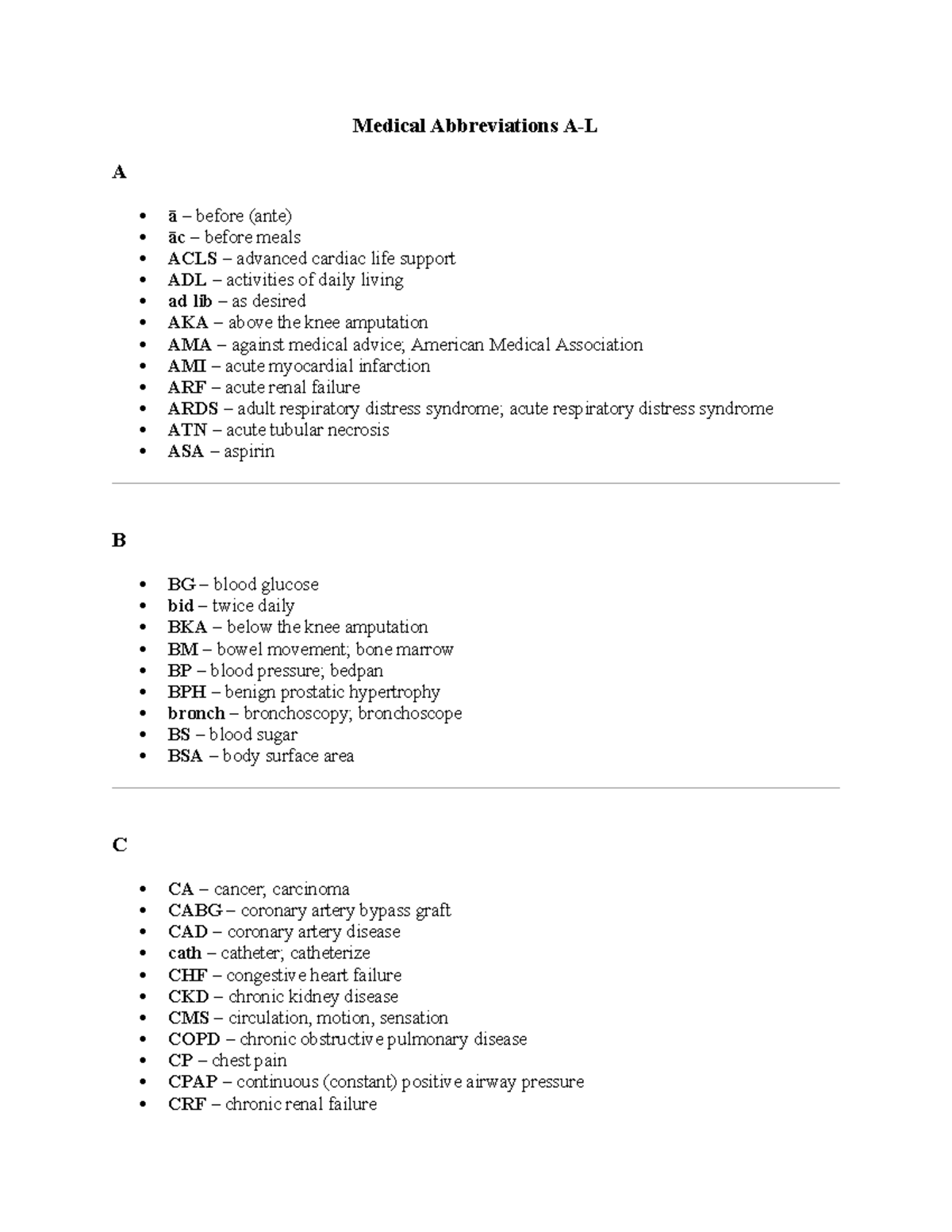 Comprehensive List of Medical Abbreviations (A-L) for HCPs - Studocu